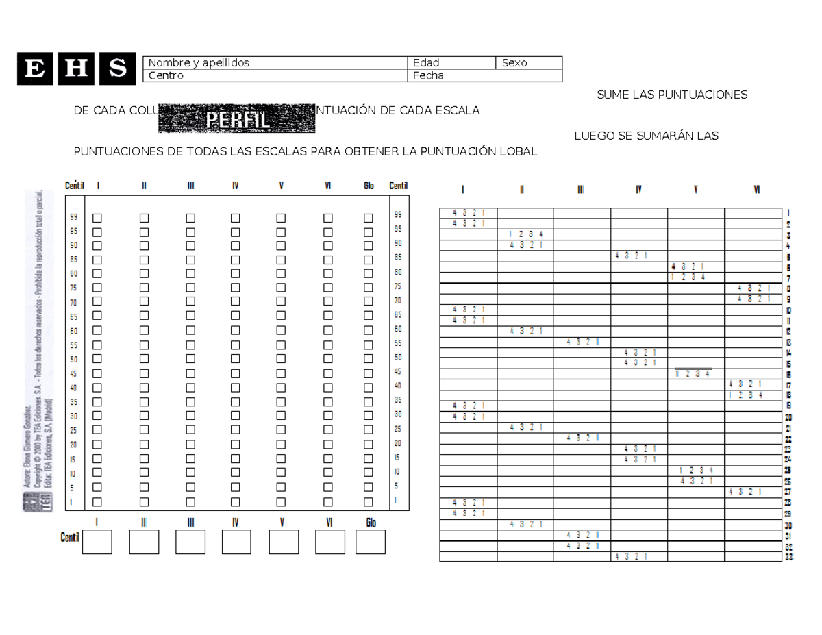 Perfil EHS - Instrumentos psicológicos - taller de grado - SUME LAS PUNTUACIONES DE CADA COLUMNA ...