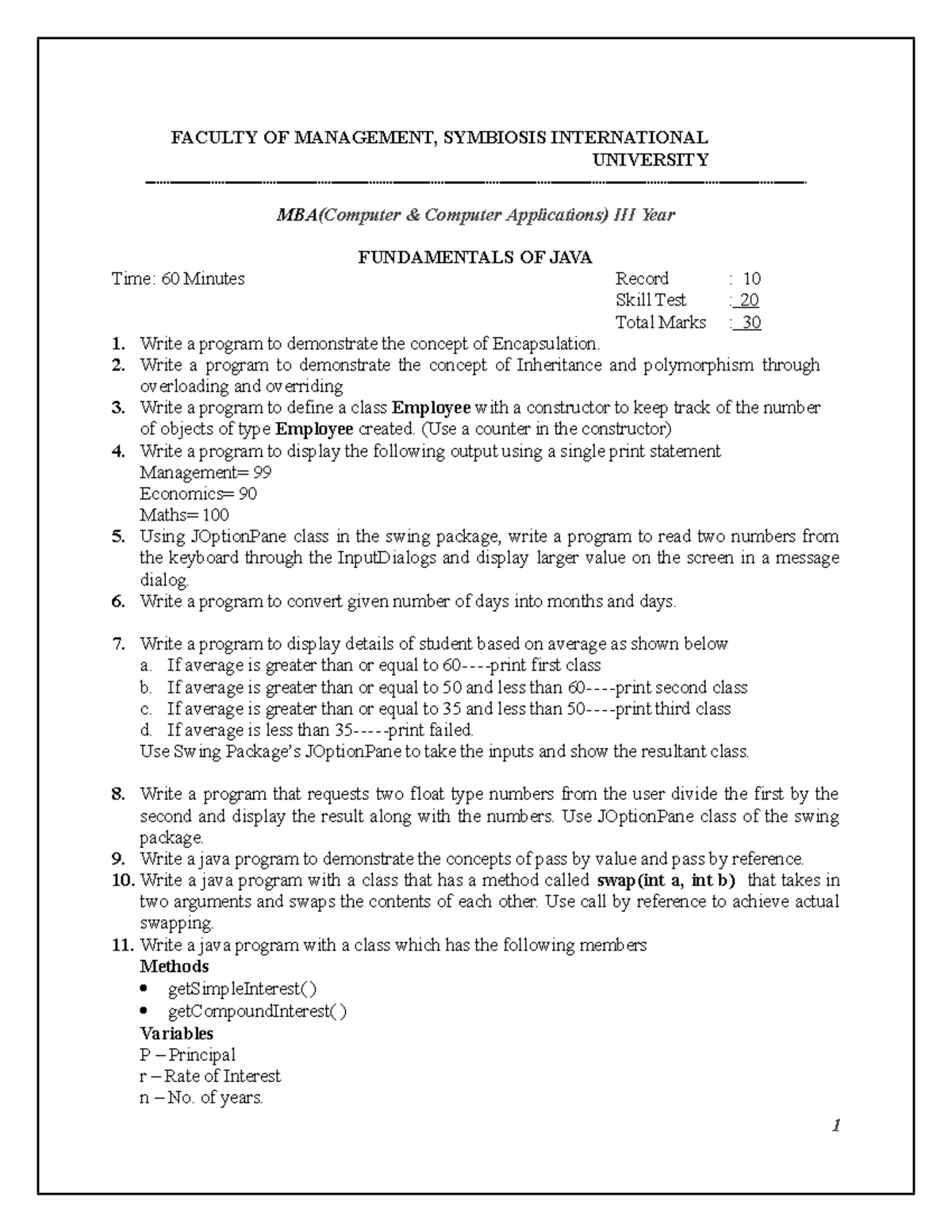 Fundamentals Of Java Assignment Faculty Of Management Symbiosis International University