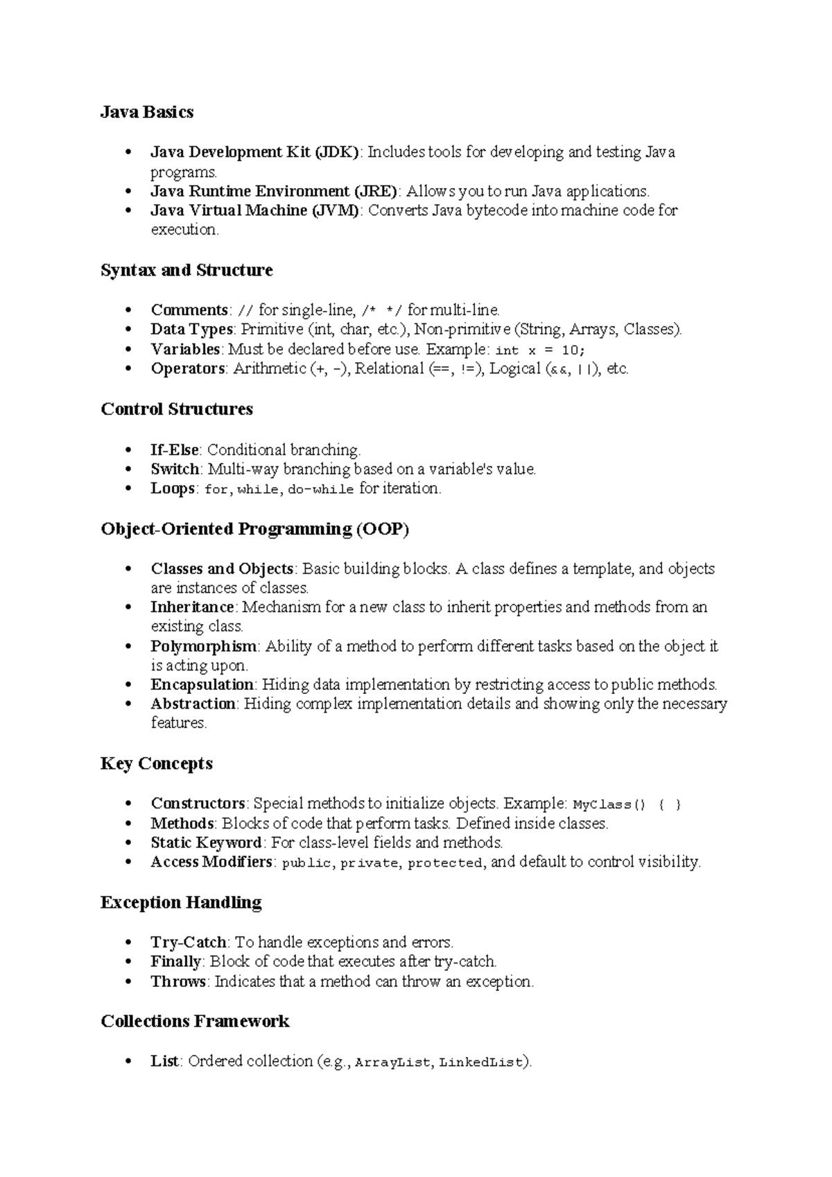 JAVA KEY Notes - Java Basics Java Development Kit (JDK): Includes tools ...