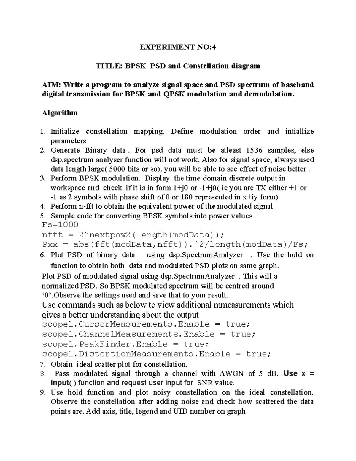 ADC expt 7 - adc - EXPERIMENT NO: TITLE: BPSK PSD and Constellation ...