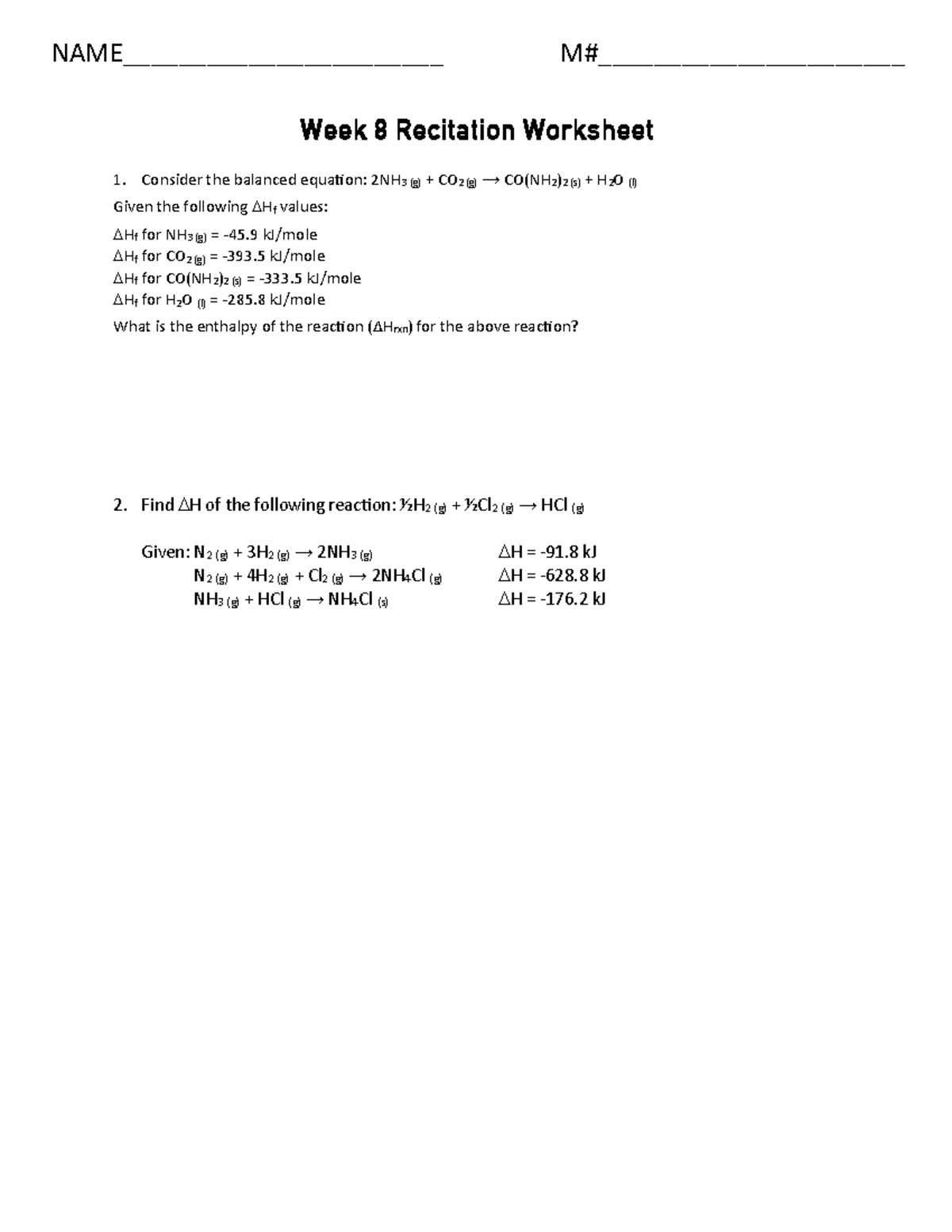Week 8 Class Notes Week 8 Recitation Worksheet 1 Consider The Balanced Equa4on 2nh 3 G