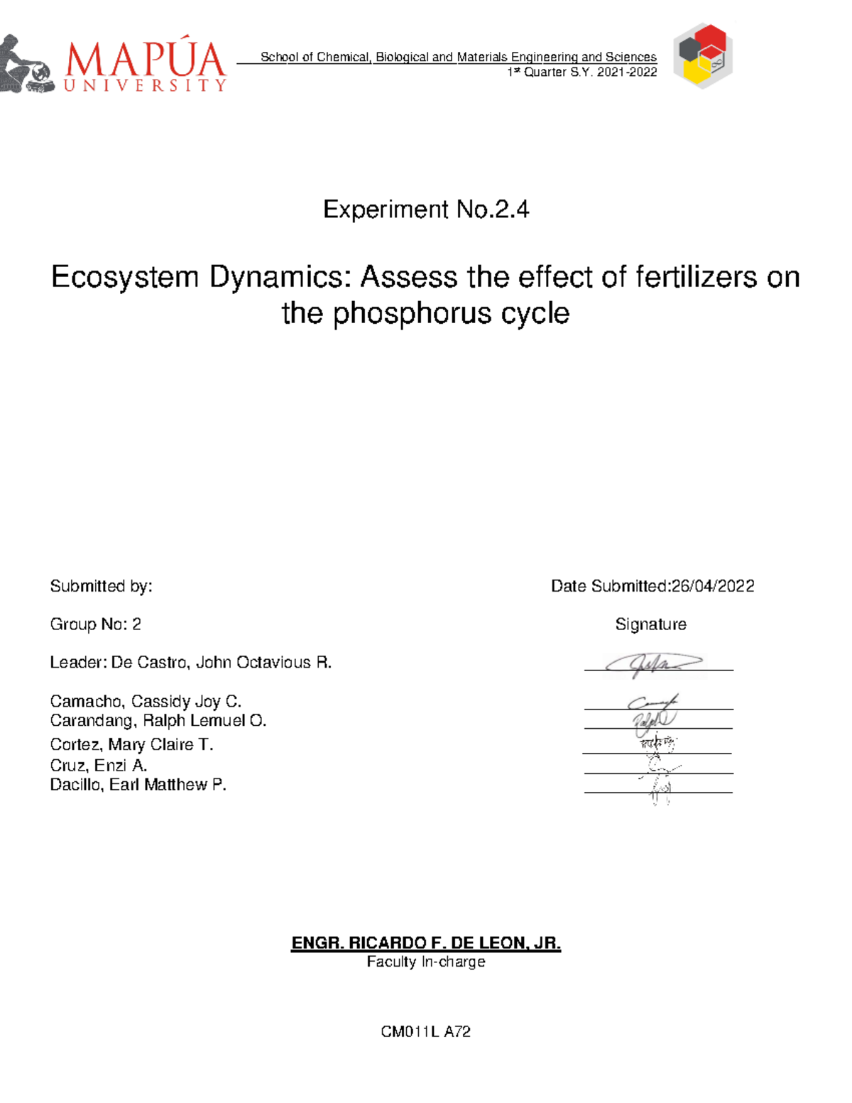 CM011L-A72- Group-2-3Q2122 - 1 st Quarter S. 202 1 - 2022 Experiment No ...