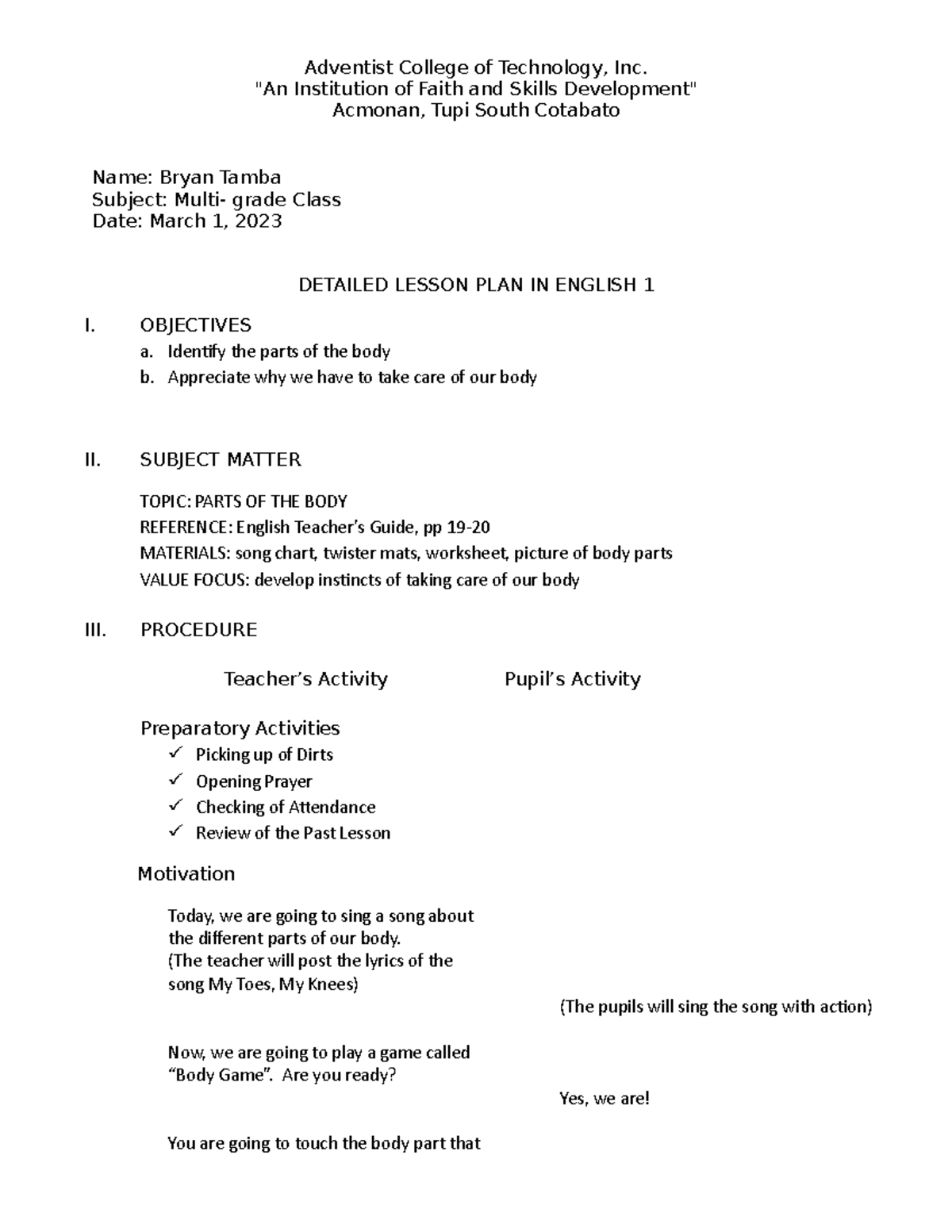 252454683 Detailed Lesson Plan in English 1 - Adventist College of ...