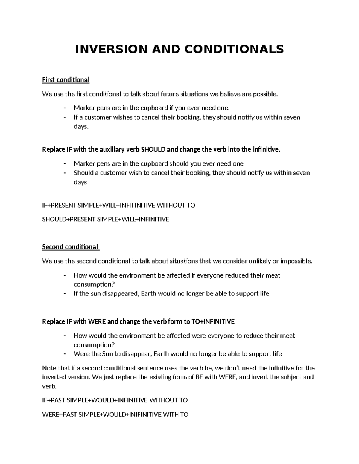 Inversion and Conditionals - INVERSION AND CONDITIONALS First ...