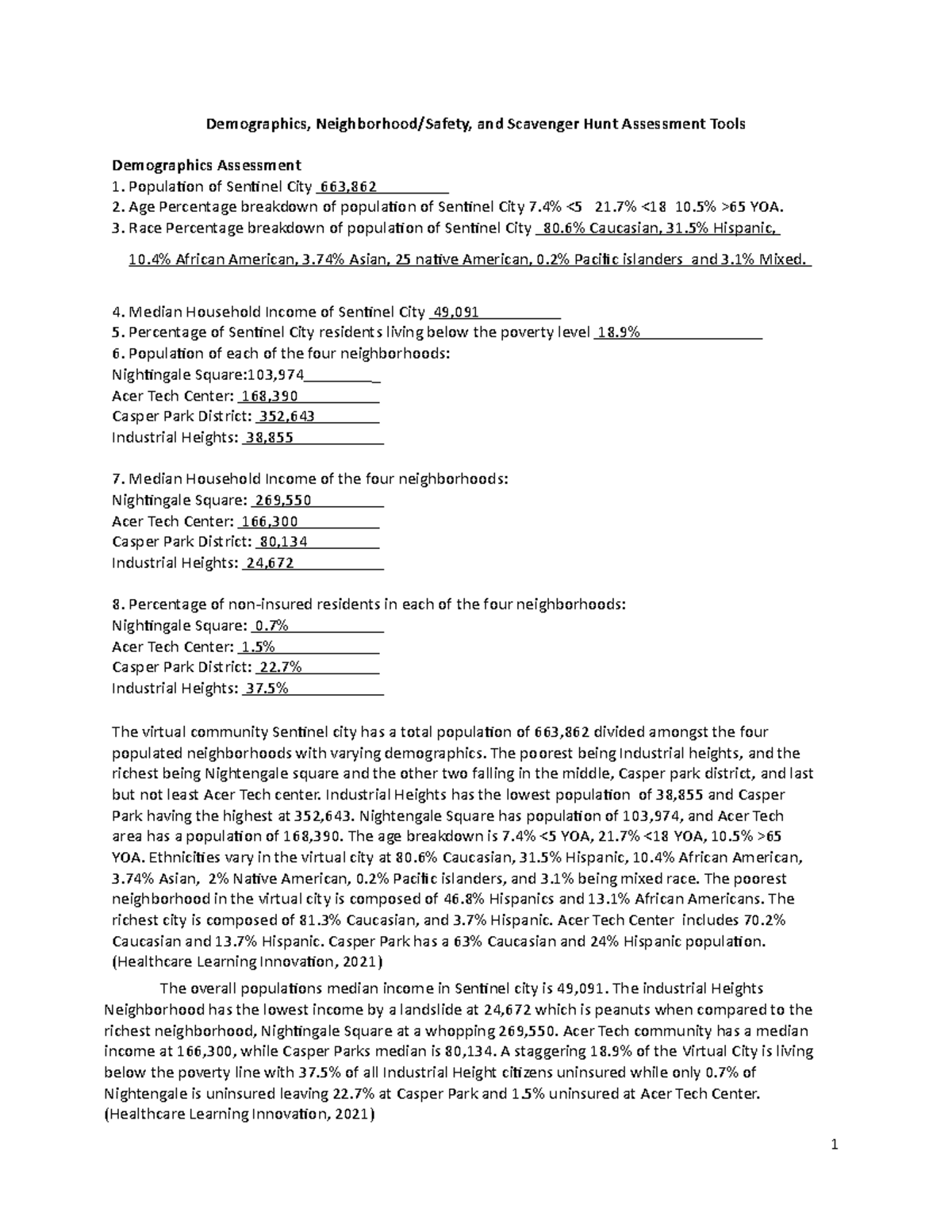 Sentinal City assignment 231 task 1 - Demographics, Neighborhood/Safety ...