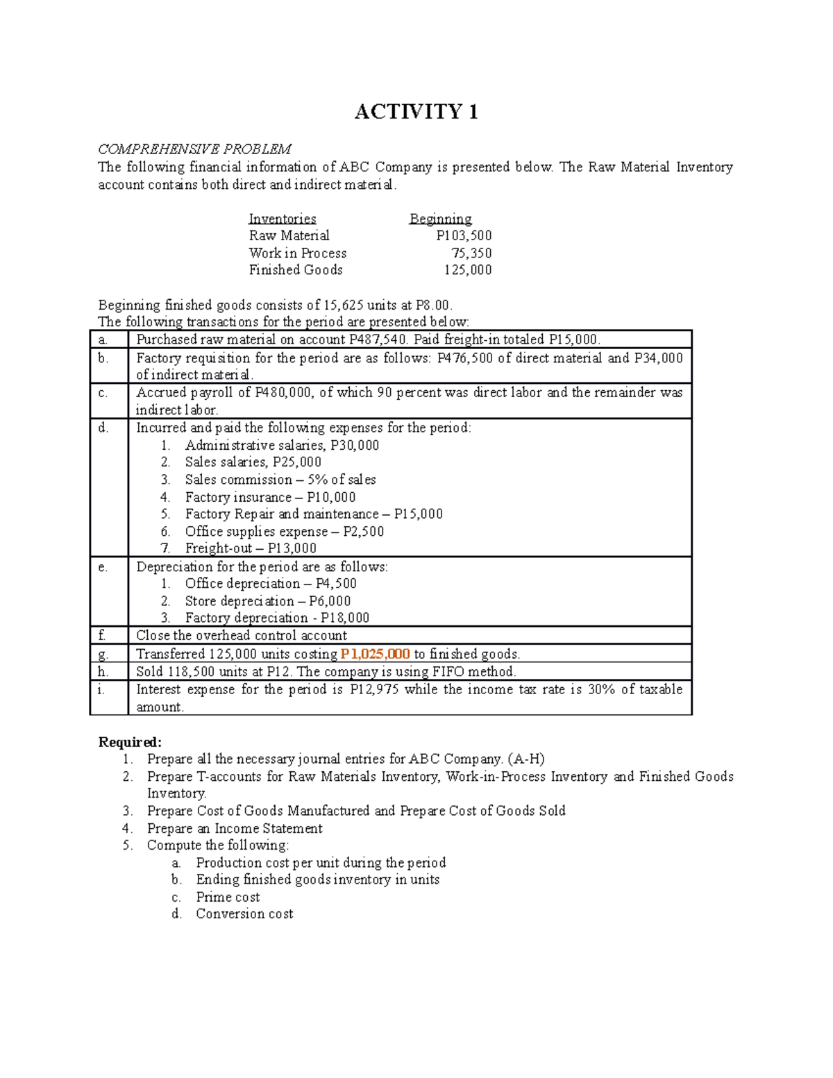 Activity 1 Cost Accounting - ACTIVITY 1 COMPREHENSIVE PROBLEM The ...