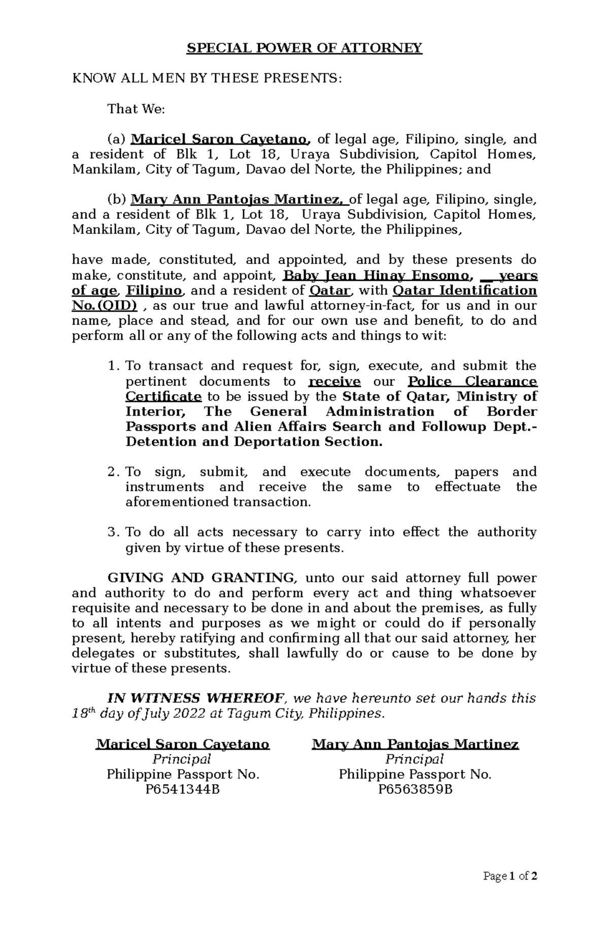 Cayetano-Pantojas SPA (Recovery of documents) - SPECIAL POWER OF ...