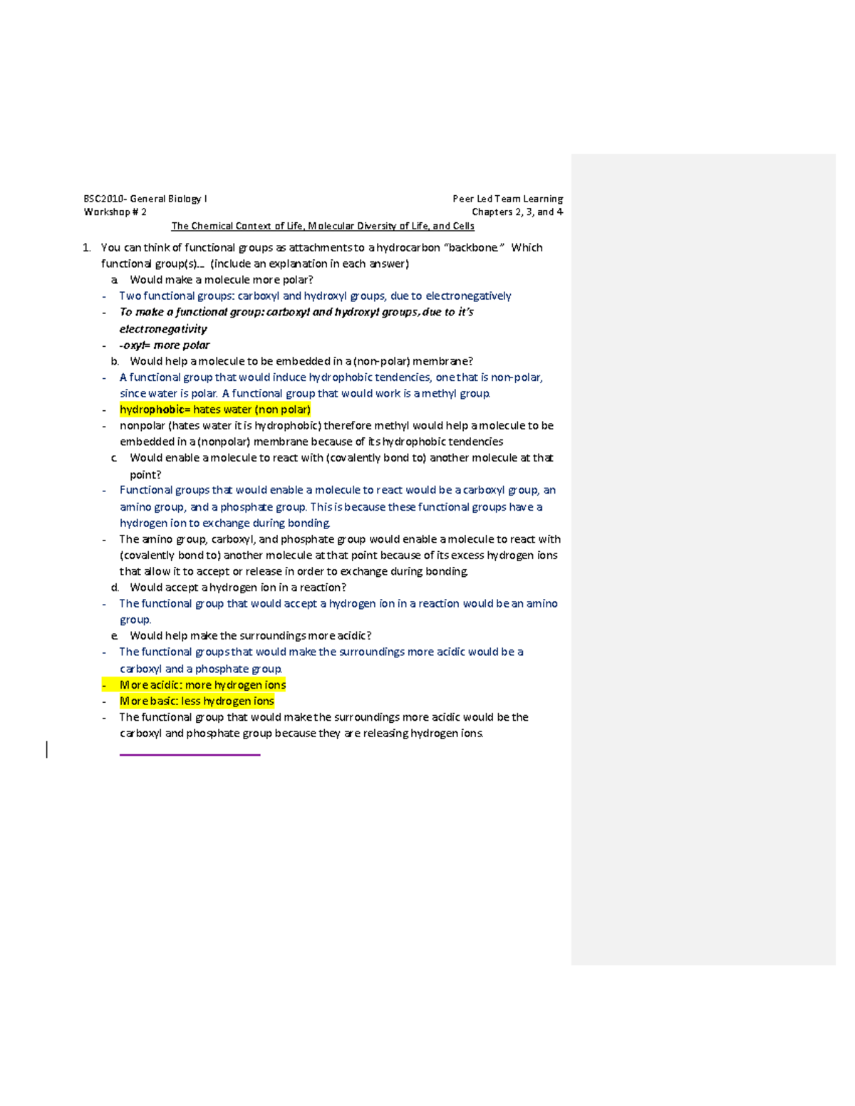 GBO Workshop 2 Sp24 KEY - PLTL WS - Workshop # 2 Chapters 2, 3 , and 4 ...