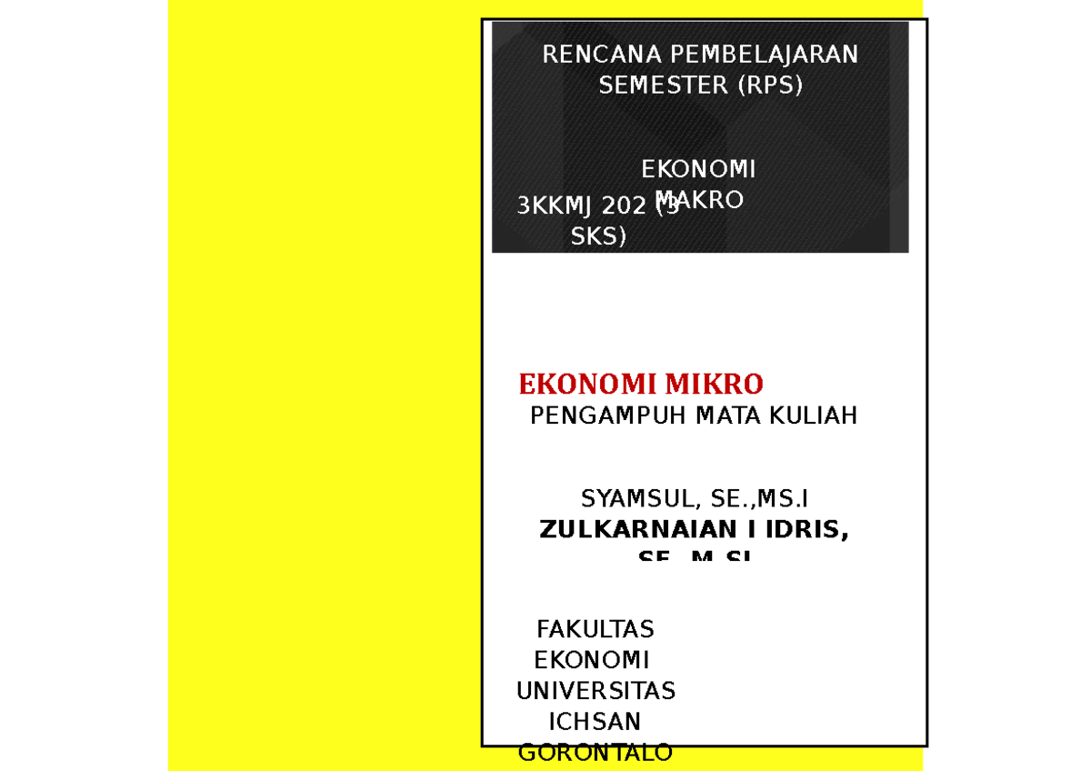 RPS MK. Mikro Manajemen - Prodi Manajemen Page 0 EKONOMI MIKRO RENCANA ...