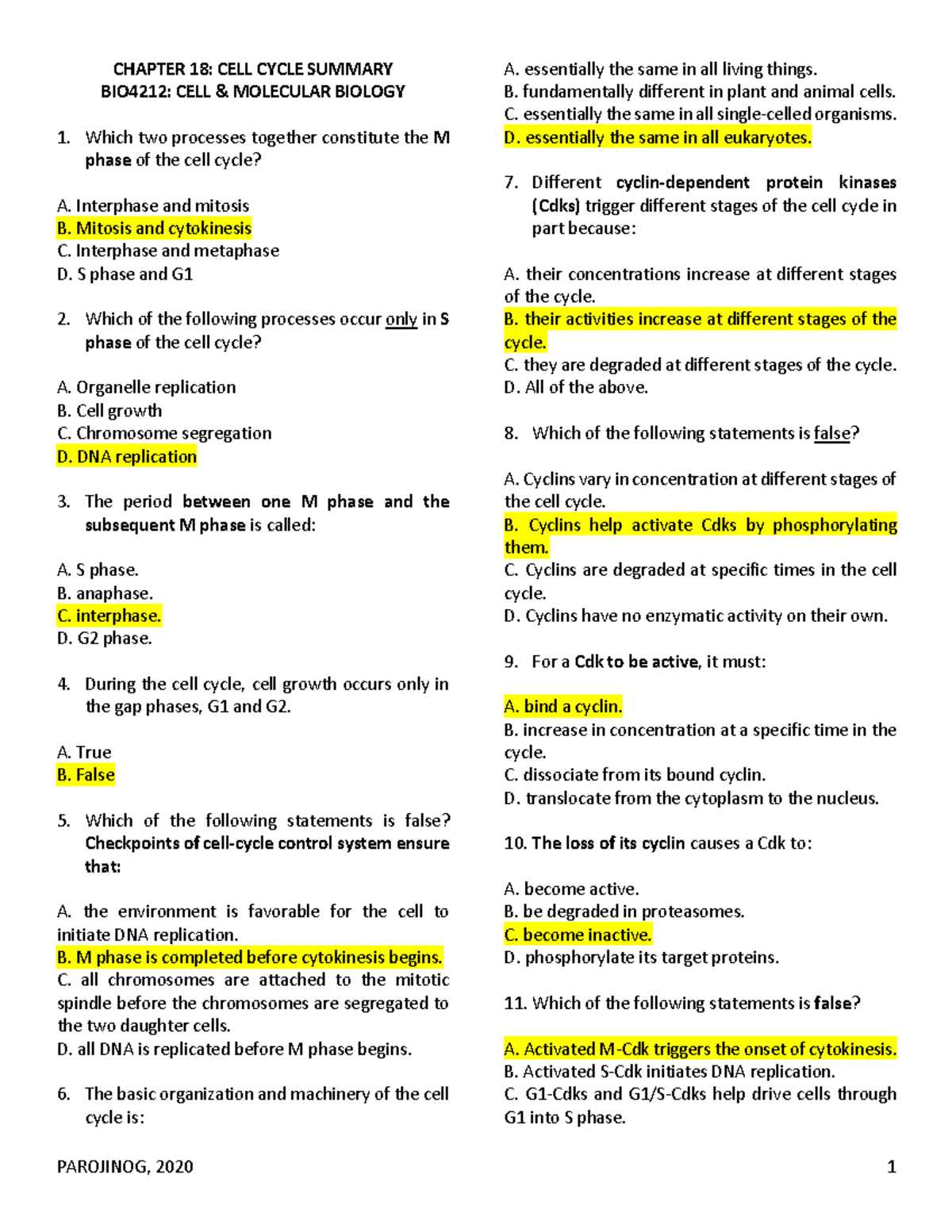 C18 Reviewer - Cell molbio - CHAPTER 18: CELL CYCLE SUMMARY BIO4212 ...