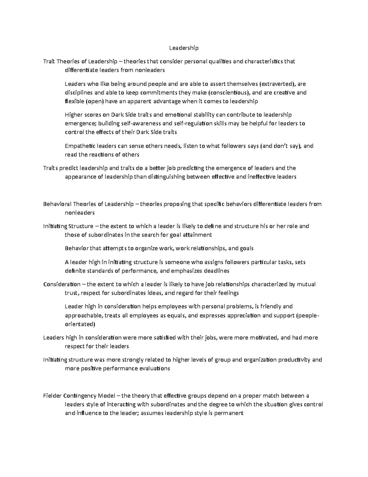 Chapter 12 Notes - Leadership Trait Theories of Leadership – theories ...