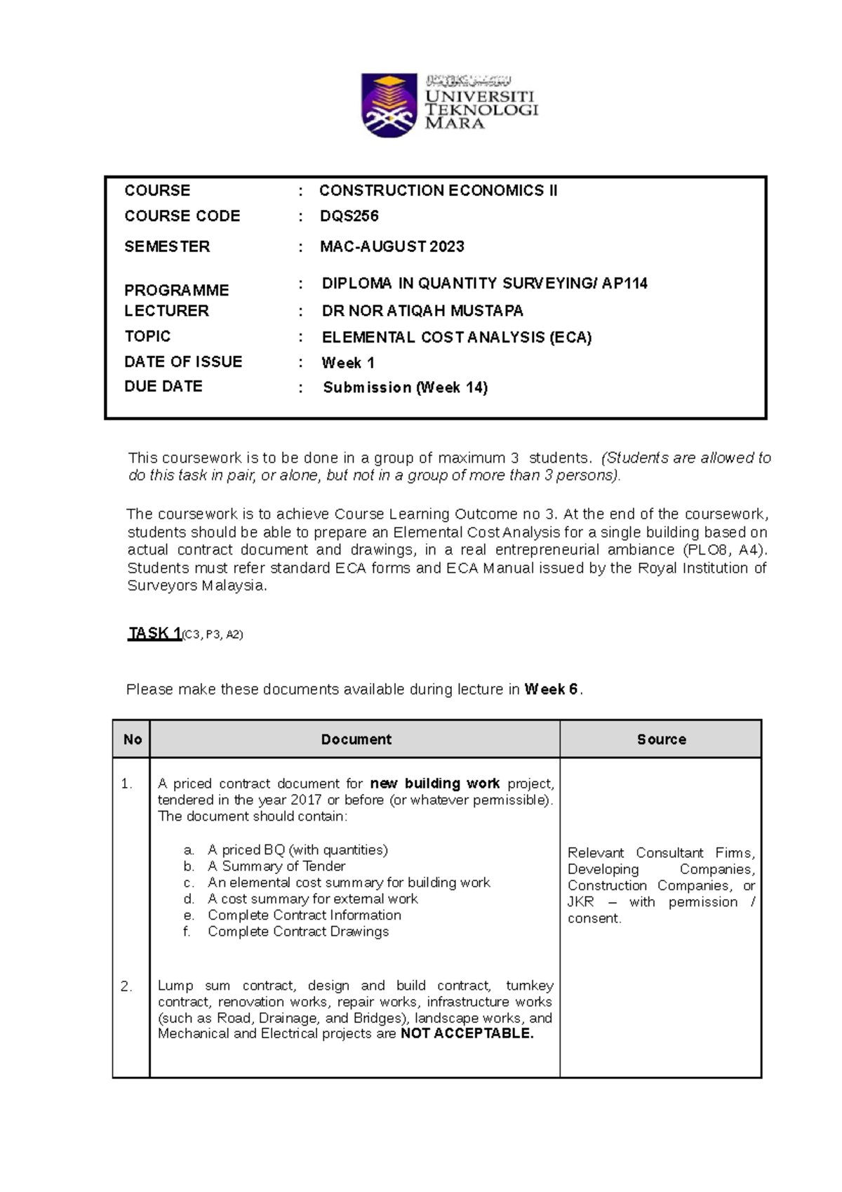 ECA Assignment Instruction MAC 2023 AUG 2023 - COURSE : CONSTRUCTION ...