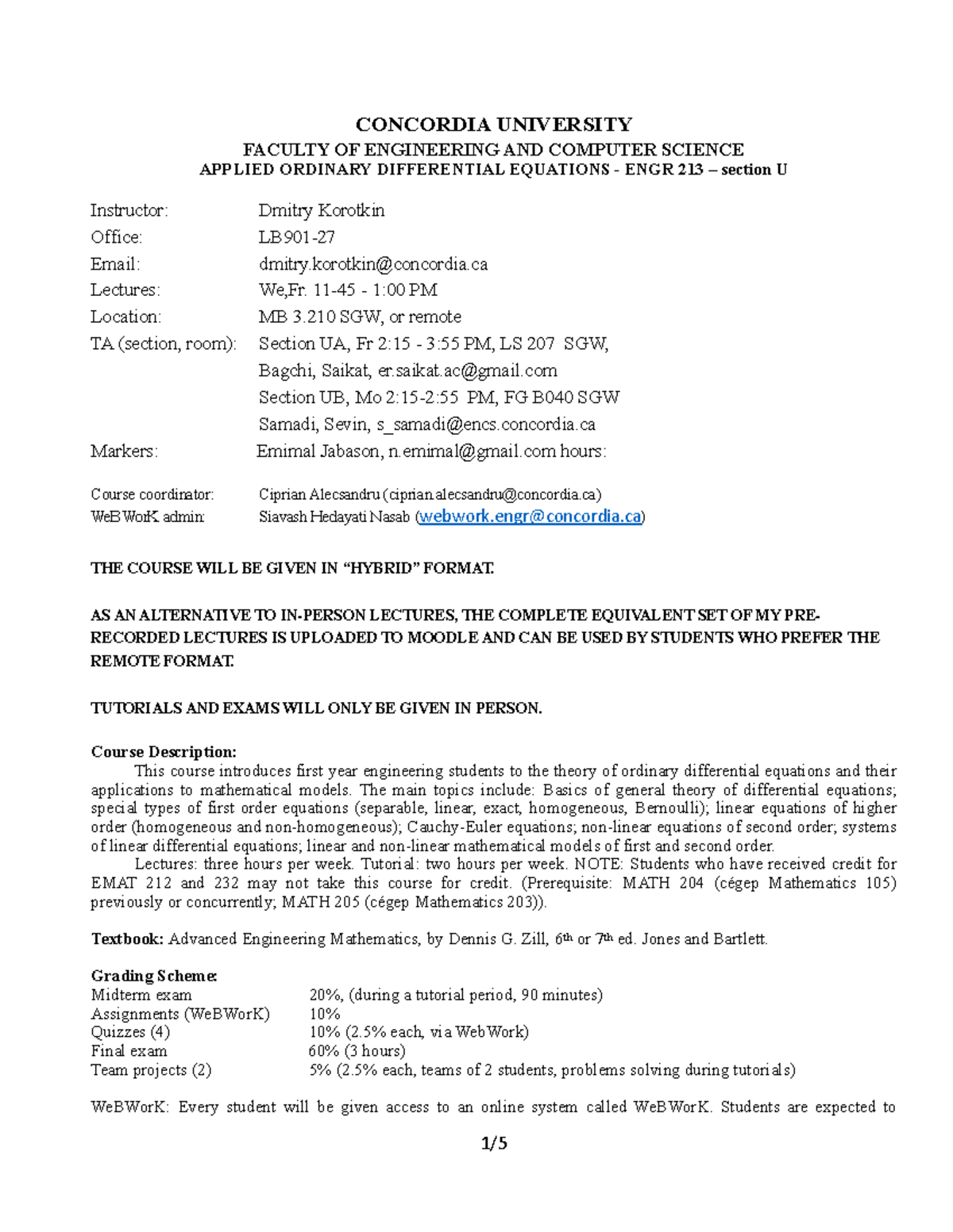 ENGR-213 course outline - CONCORDIA UNIVERSITY FACULTY OF ENGINEERING AND COMPUTER SCIENCE ...