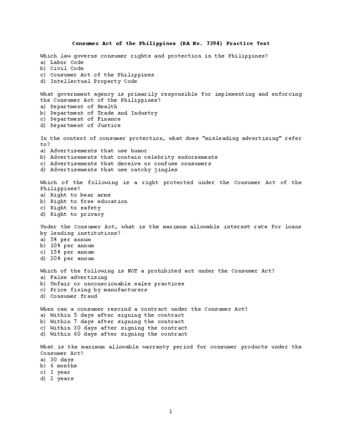 Consumer Act of the Philippines - 7394) Practice Test Which law governs ...