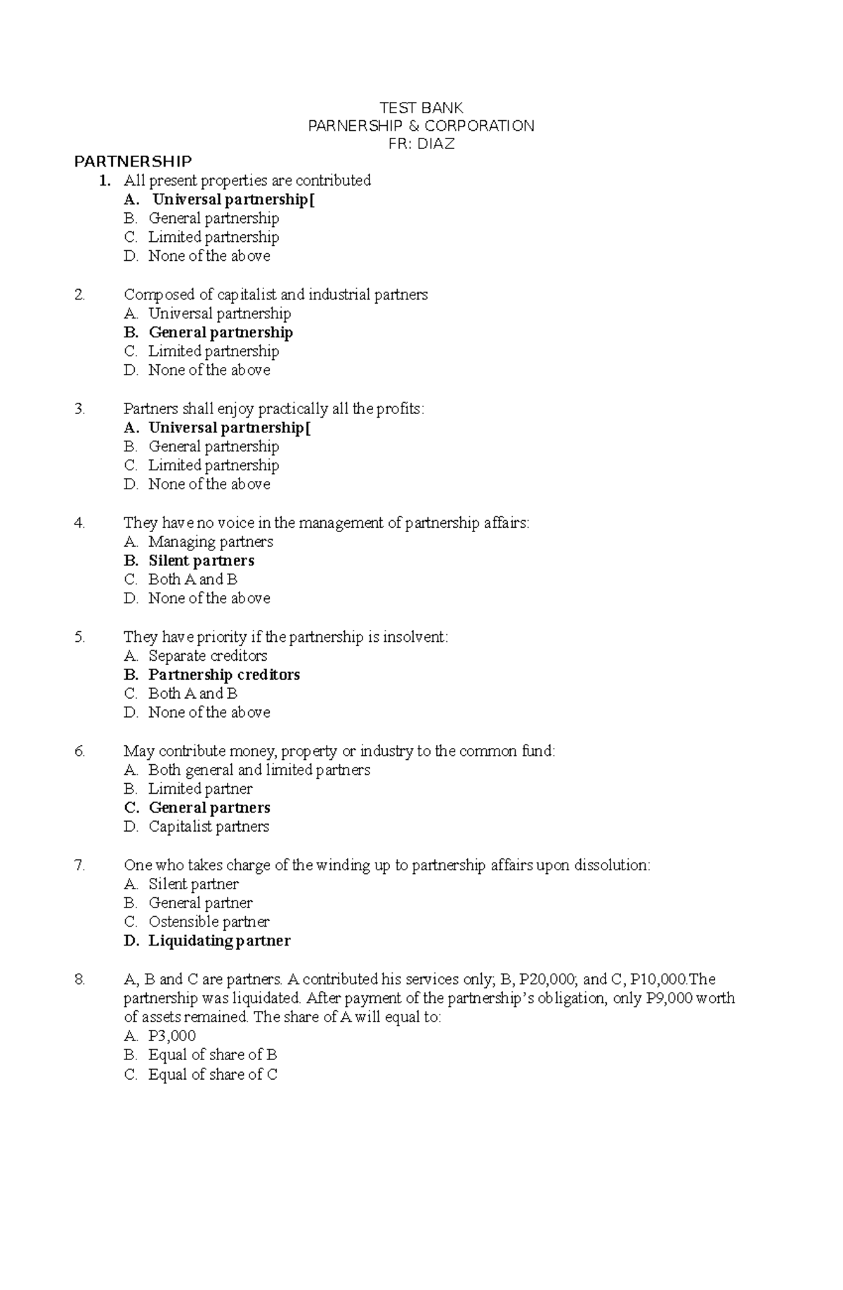 Livrosdeamor - Rfbt reviewer - TEST BANK PARNERSHIP & CORPORATION FR ...
