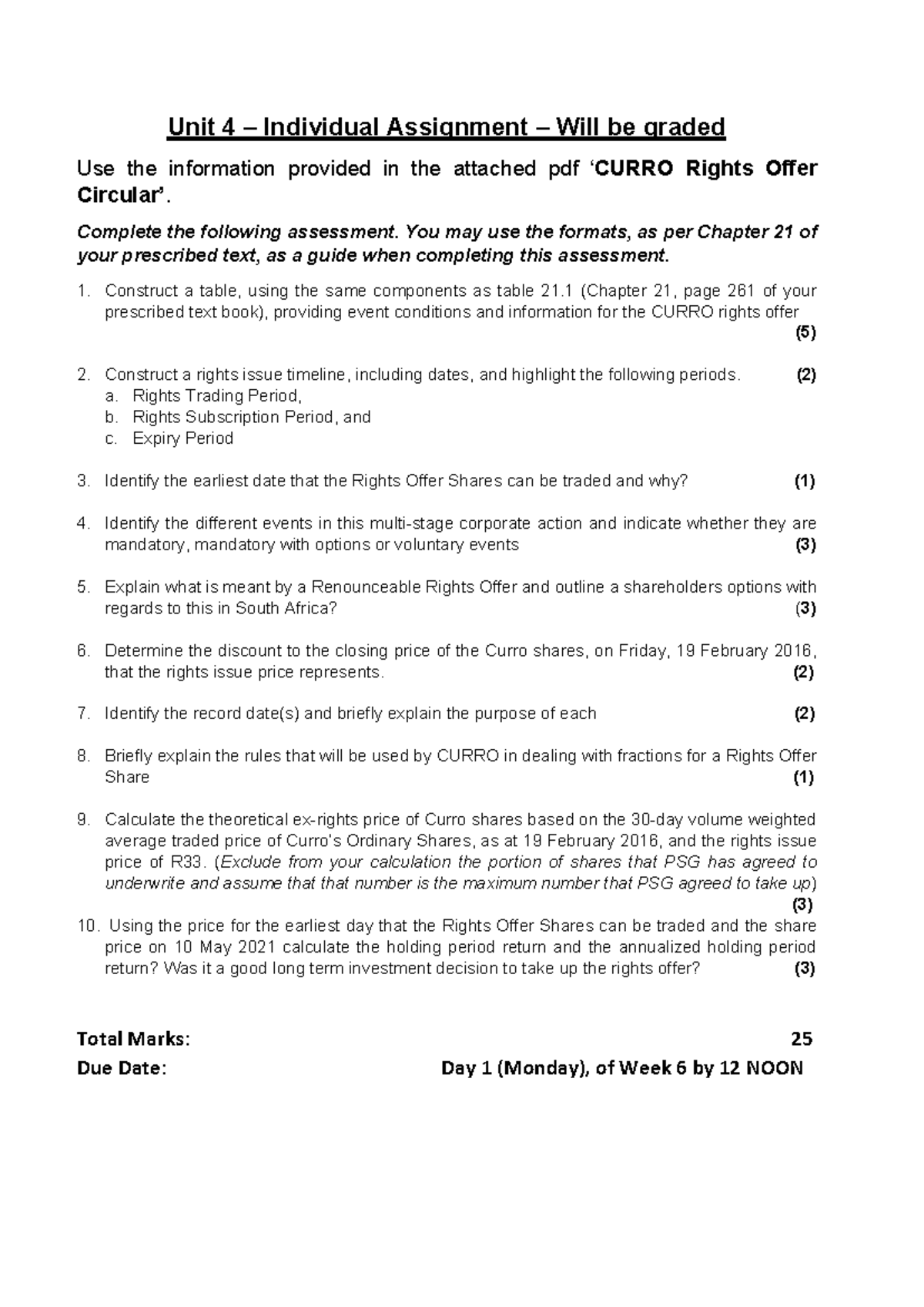 UNIT 4 Assignment - Corporate actions - Unit 4 – Individual Assignment – Will be graded Use the ...