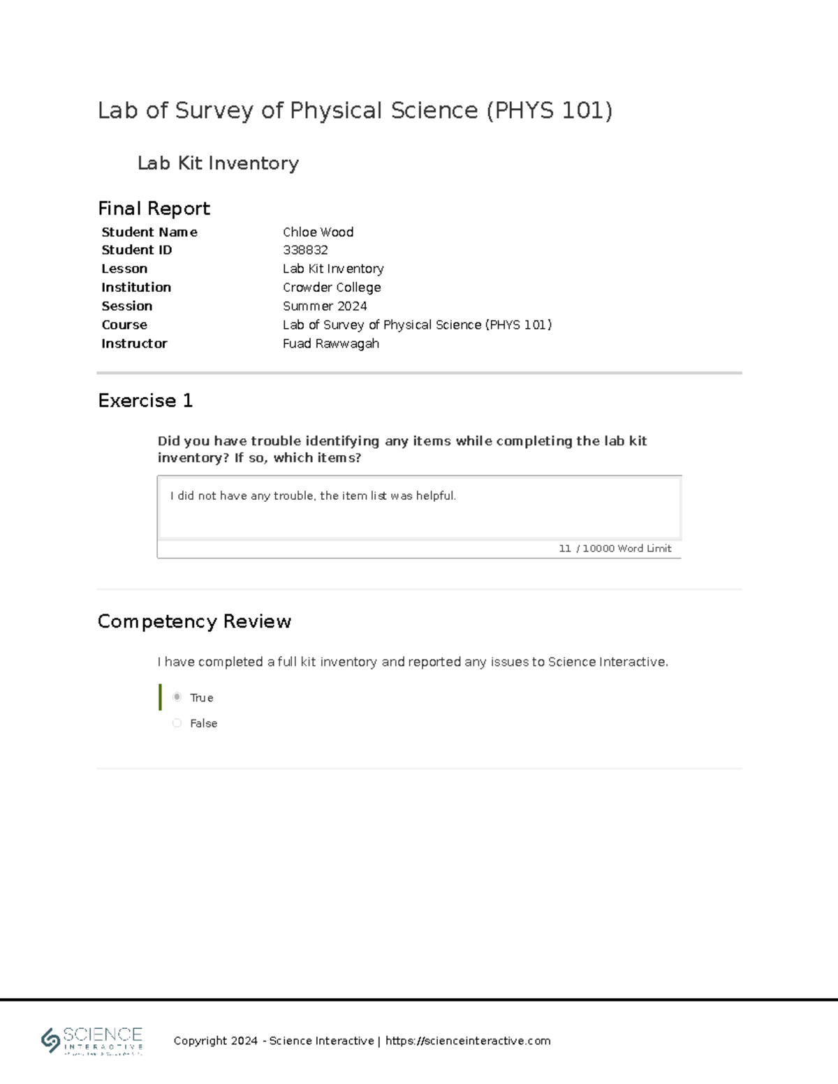Labof Surveyof Physical Science PHYS 101 Lab Kit Inventory 338832 ...