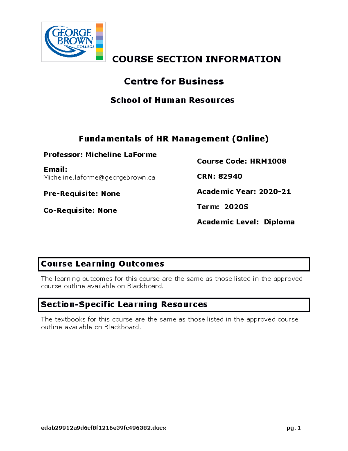 HRM1008 Course Outline SS 2021 - COURSE SECTION INFORMATION Centre for ...