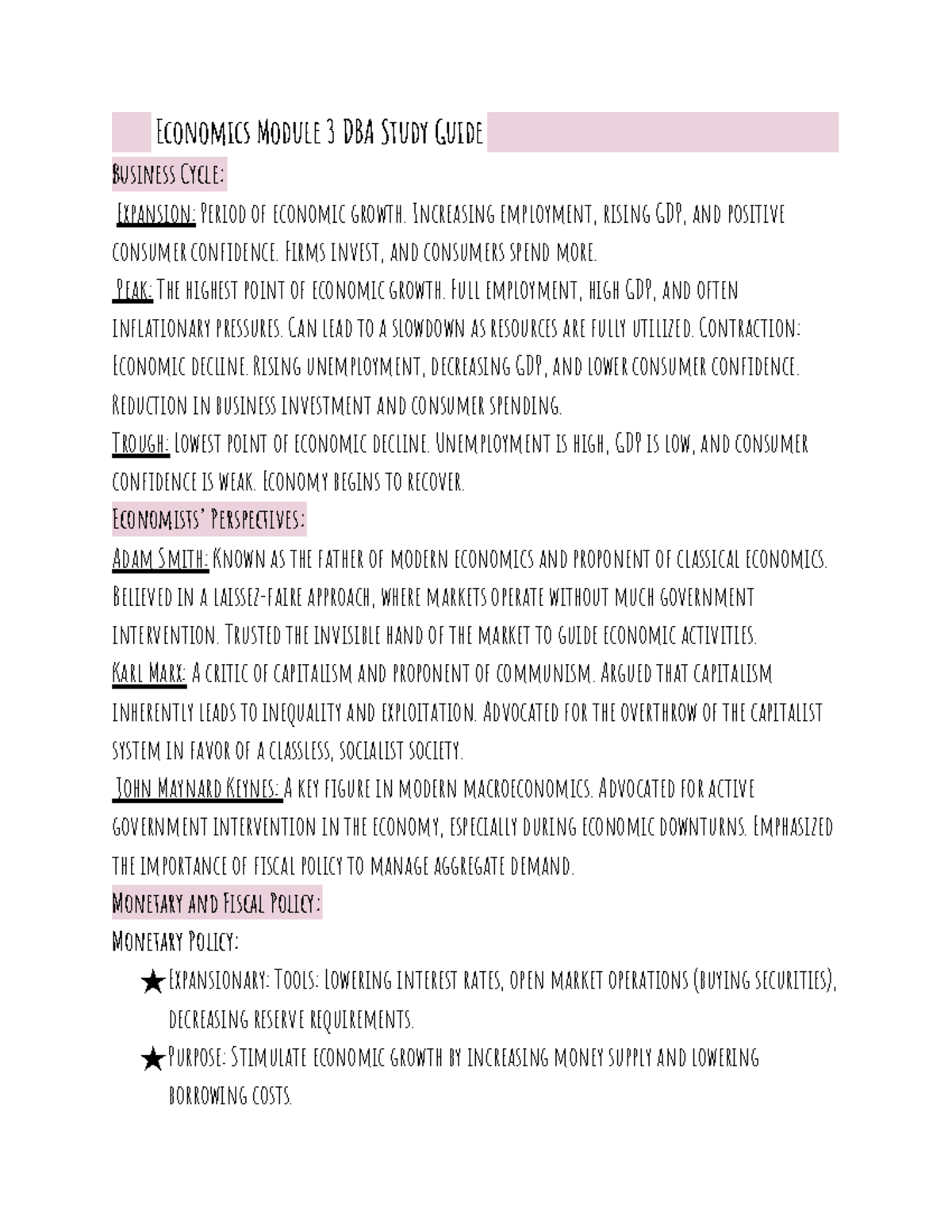 Economics Module 3 DBA Study Guide - Increasing employment, rising GDP ...