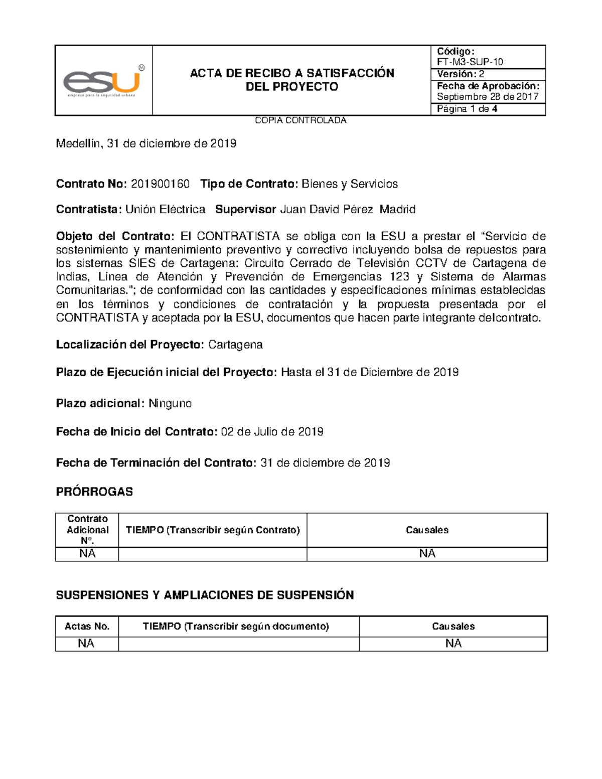 Acta de recibo a satisfacción contrato 2019 00160.ACTA DE Recibo 2019 ...