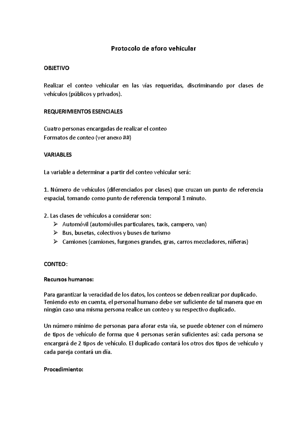 Protocolo aforovehicular - Protocolo de aforo vehicular OBJETIVO ...