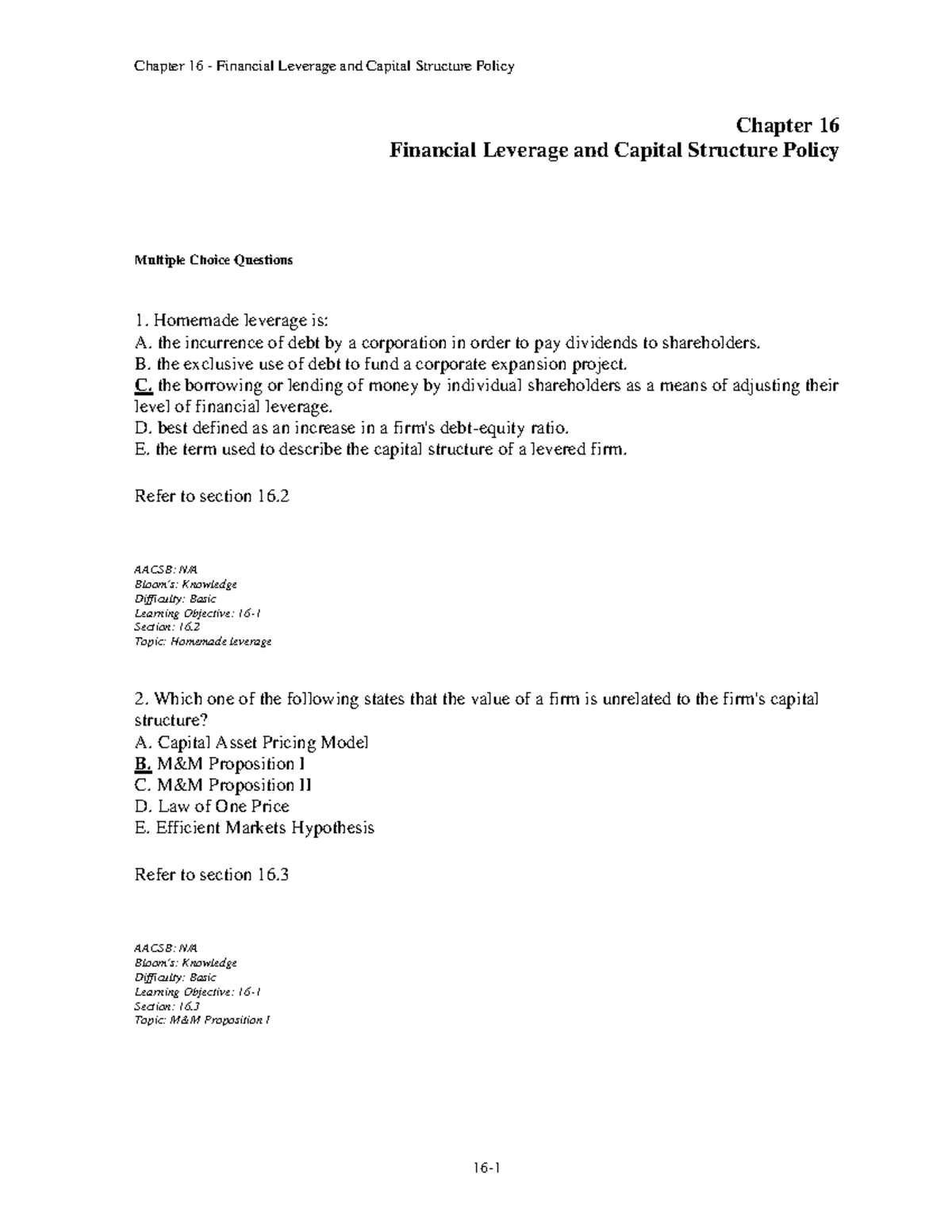 Ch16 Testbank Chapter 16 Financial Leverage And Capital Structure