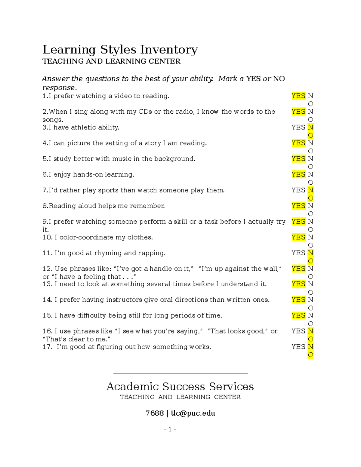 Appendix 1 (Learning Styles Inventory Topic 1) - Learning Styles ...