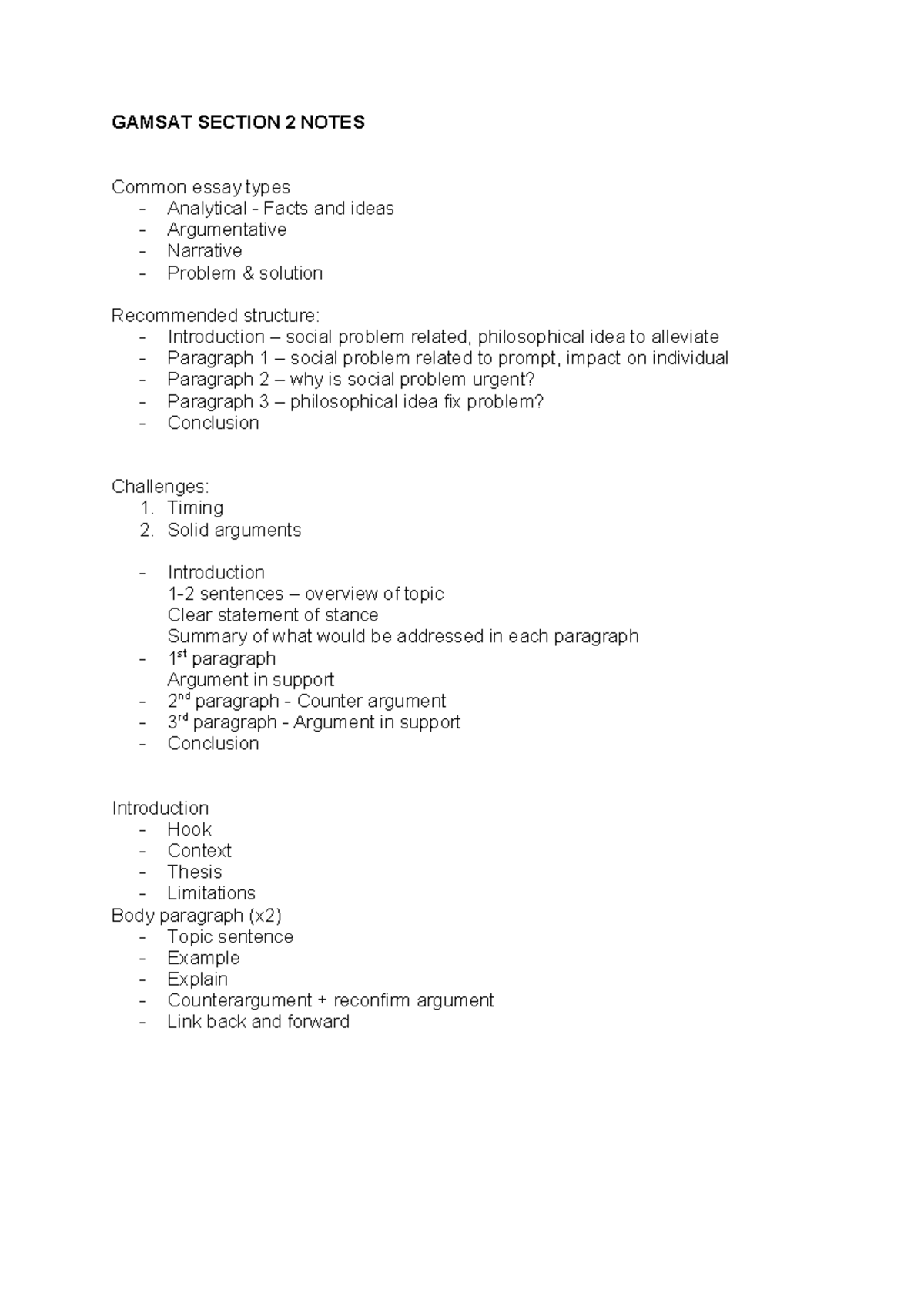 Gamsat Section 2 Notes - GAMSAT SECTION 2 NOTES Common essay types ...