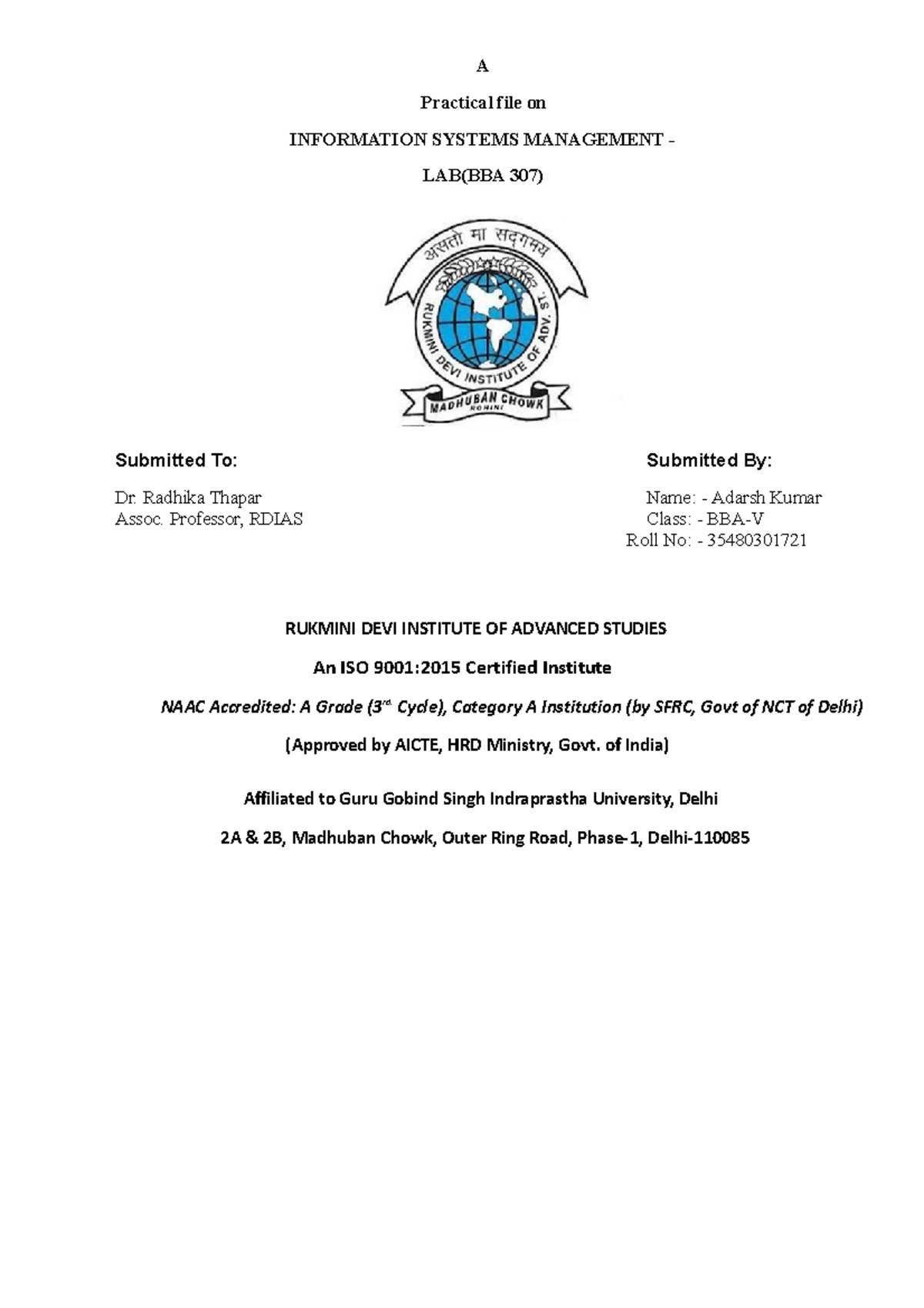 35480301721 ISM Lab 5th Sem - A Practical file on INFORMATION SYSTEMS ...