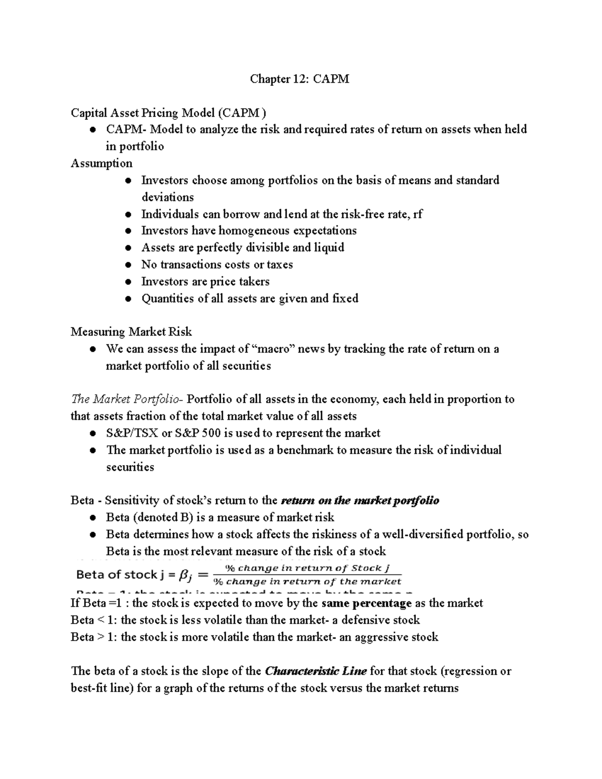 Chapter 12 CAPM - Lecture notes - fin 2000 - U of G - Studocu