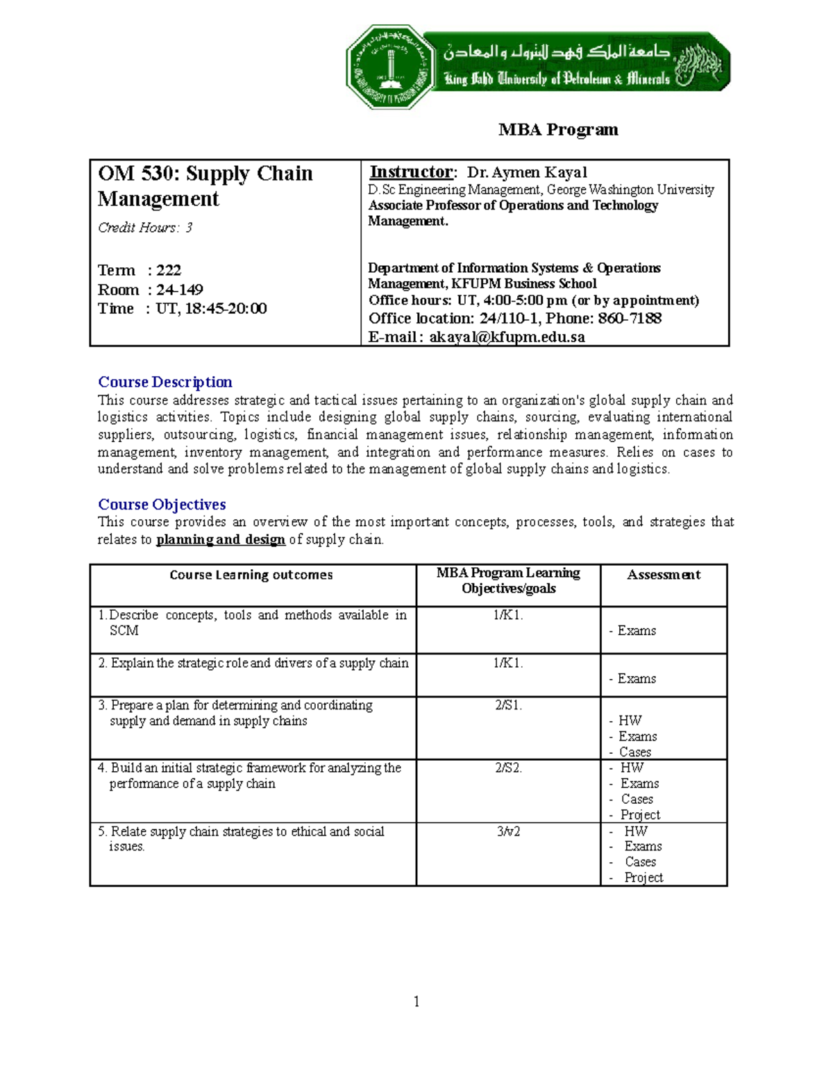 OM 530 SCM Syllabus 222 - OM 530: Supply Chain Management Credit Hours ...