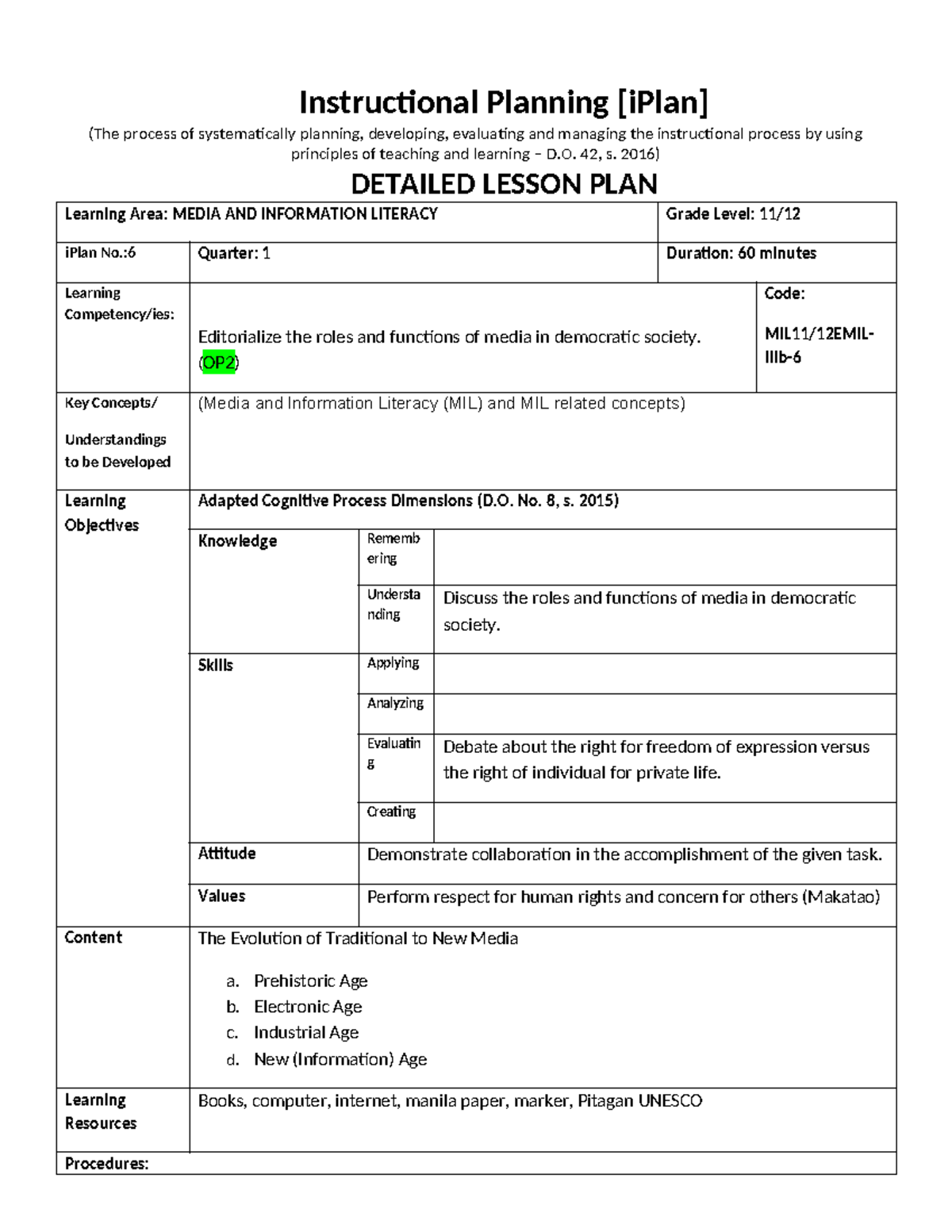 MILQ1 LC6 - test - Instructional Planning [iPlan] (The process of ...