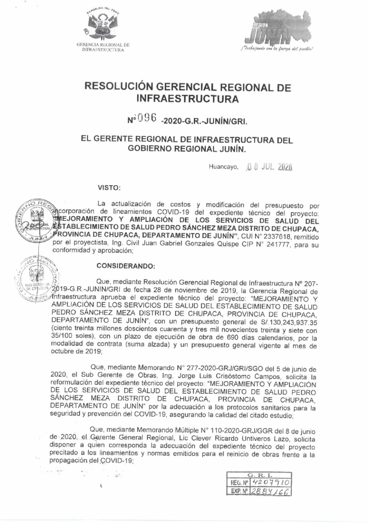 Resoluci n Gerencial Regional de Infraestructura N 096-2020-GR- Junin GRI - GERENCIA REGIONAL DE ...