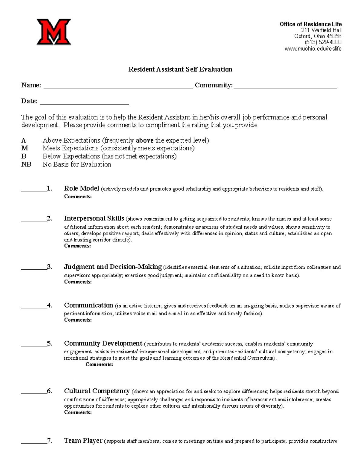 Eval RA self - Office of Residence Life 211 Warfield Hall Oxford, Ohio ...