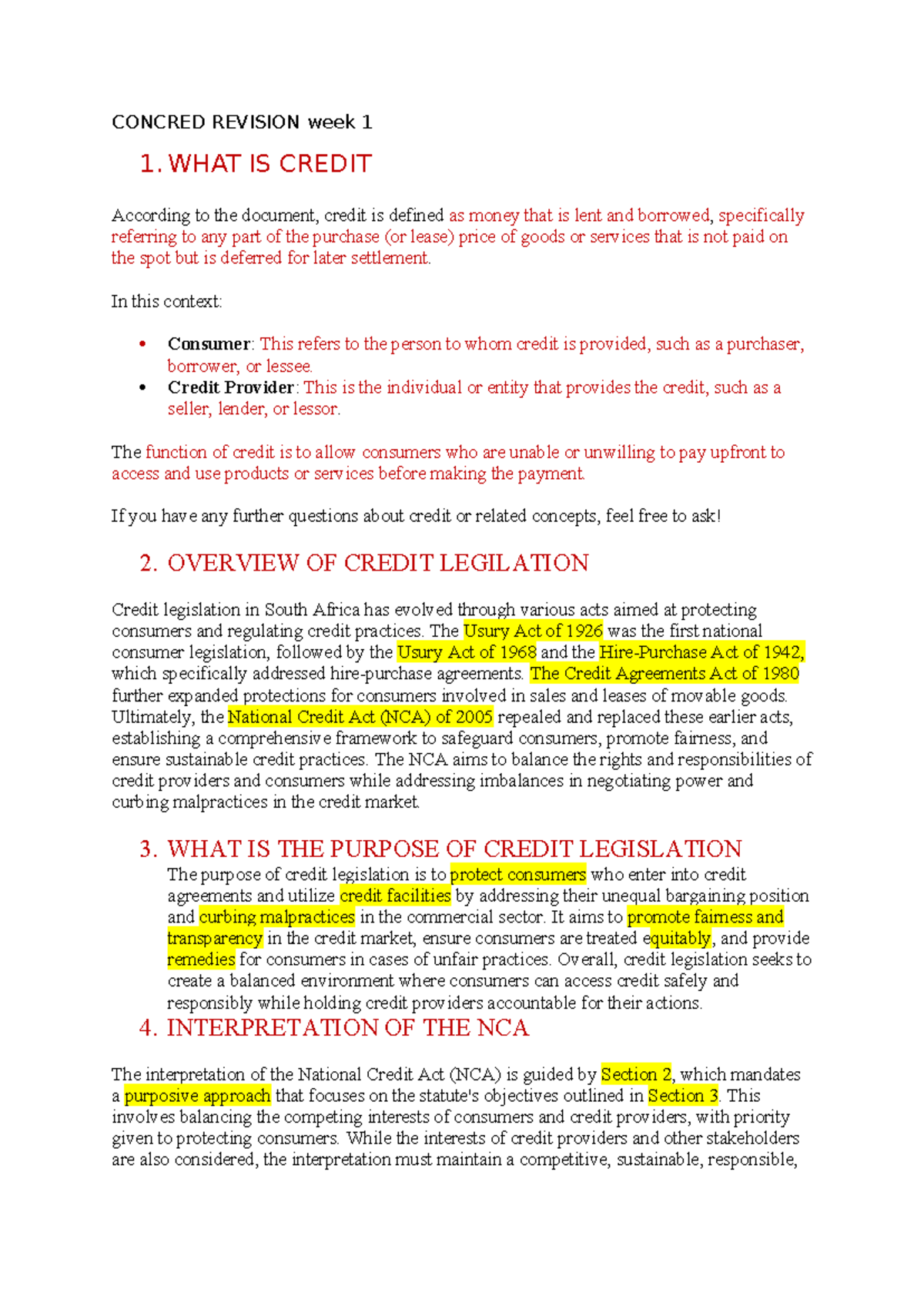 Concred Revision week one - CONCRED REVISION week 1 1. WHAT IS CREDIT ...
