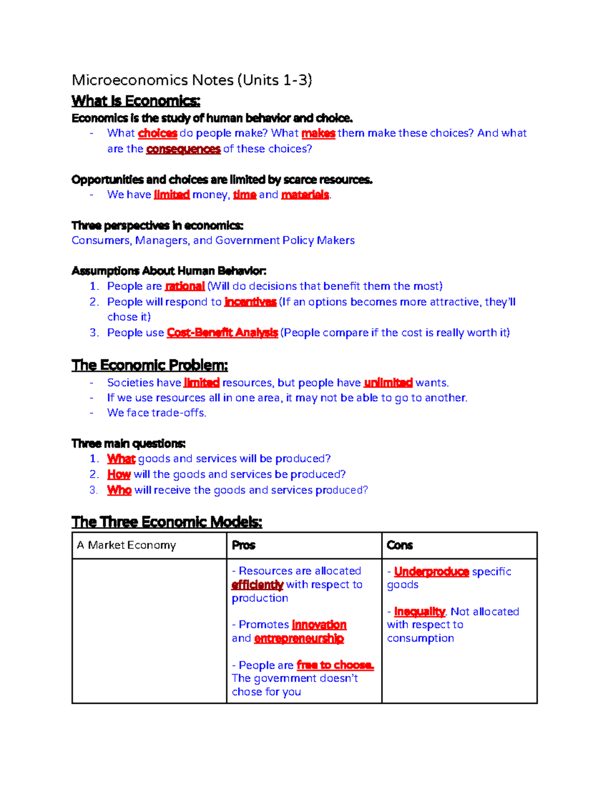 Microeconomics Notes (Units 1-3) - What choices do people make? What ...