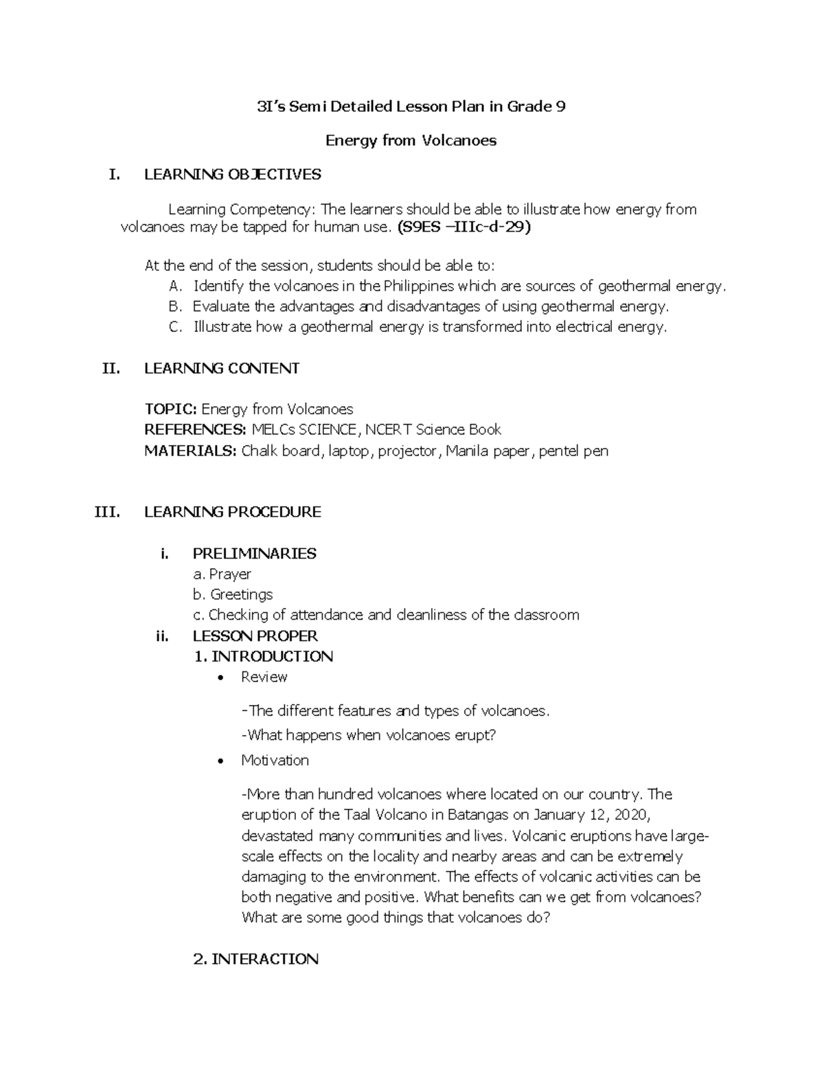 3Is Semi Detailed Lesson Plan - LEARNING OBJECTIVES Learning Competency ...