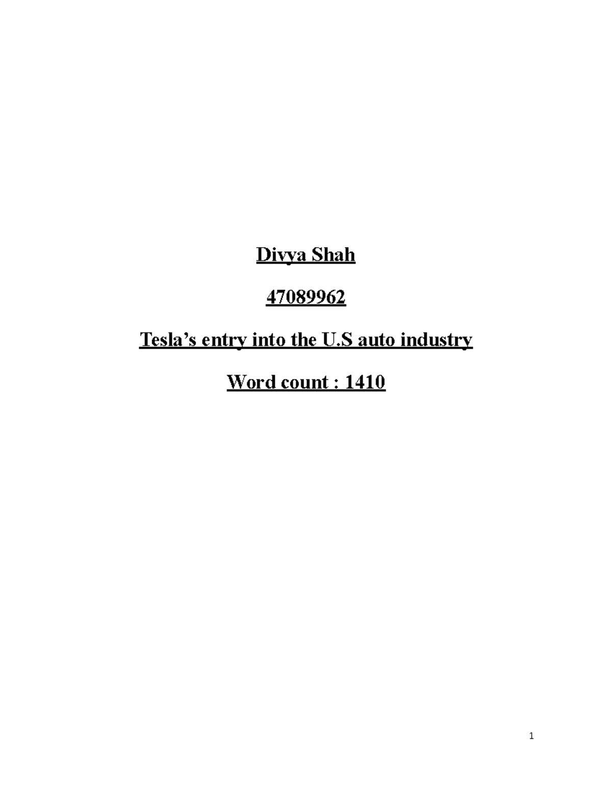 teslas entry to us - Divya Shah 47089962 Tesla’s entry into the U auto ...