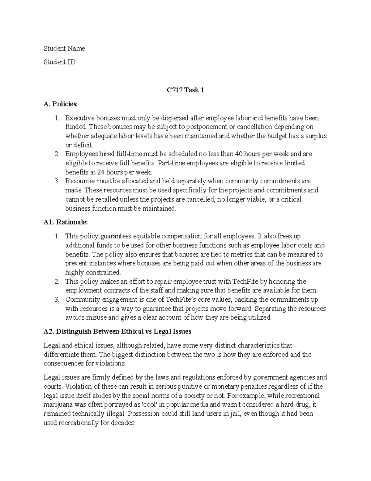 C717 Task 1 Answer Guide - Student Name Student ID C717 Task 1 A ...