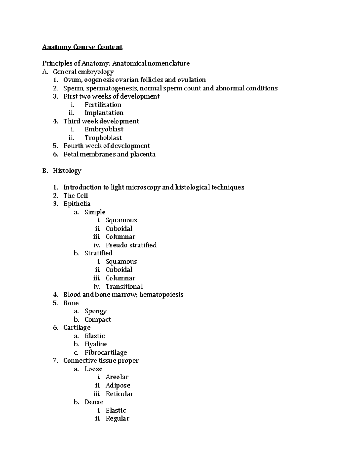Anatomy Course Content - Anatomy Course Content Principles of Anatomy ...