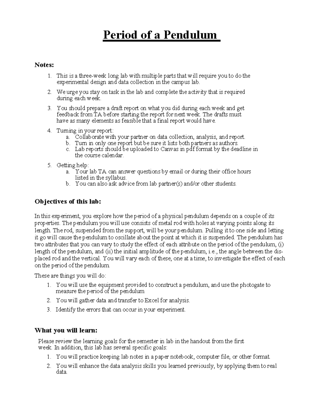Pendulum Lab - Lab reports for Mechanics 15200 - Period of a Pendulum ...