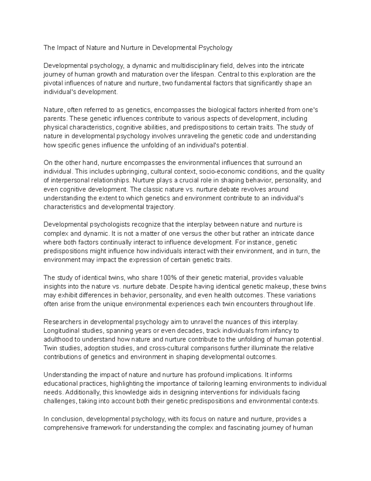 The Impact of Nature and Nurture in Developmental Psychology - The ...