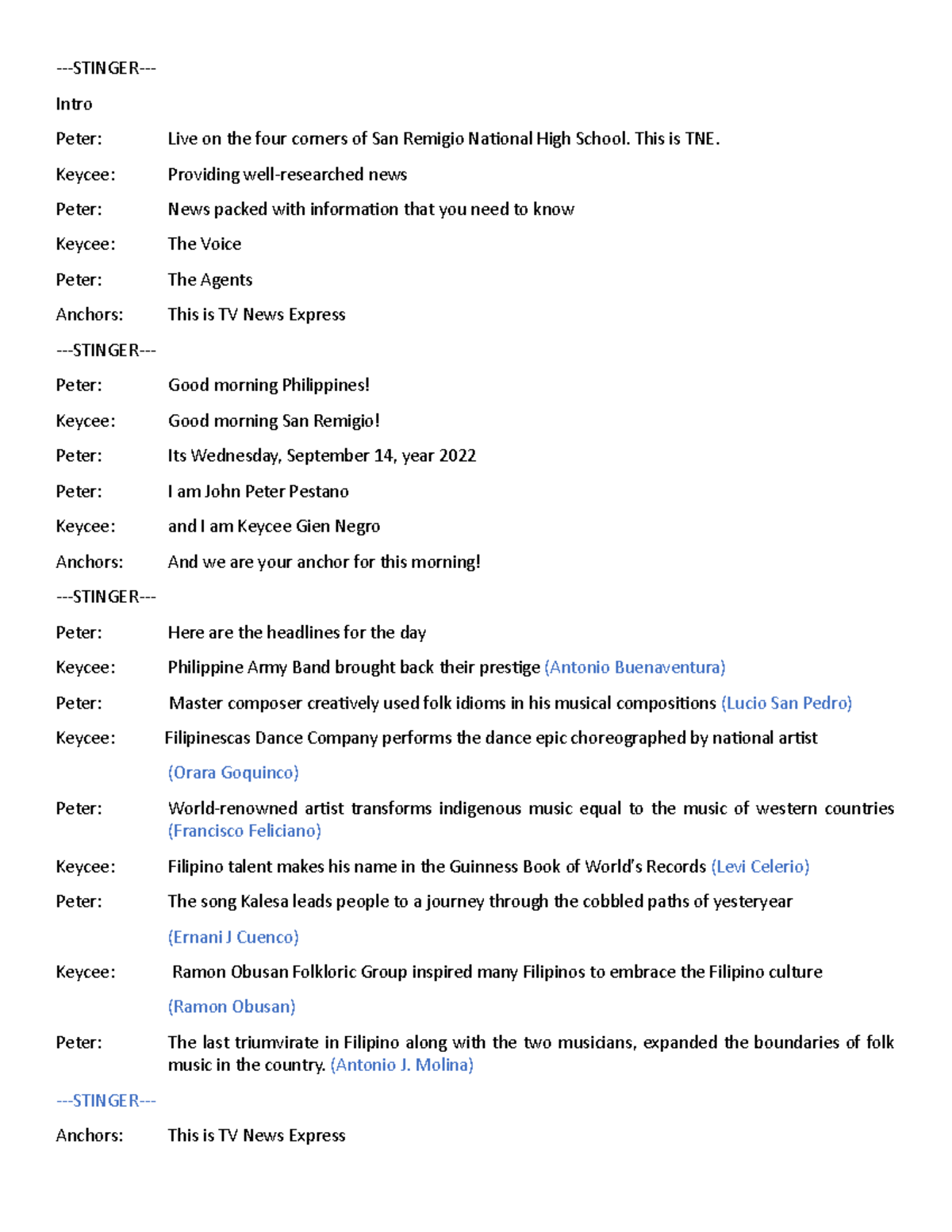 Broadcasting-Script - Broadcasting Script -STINGER- Intro Peter: Live ...