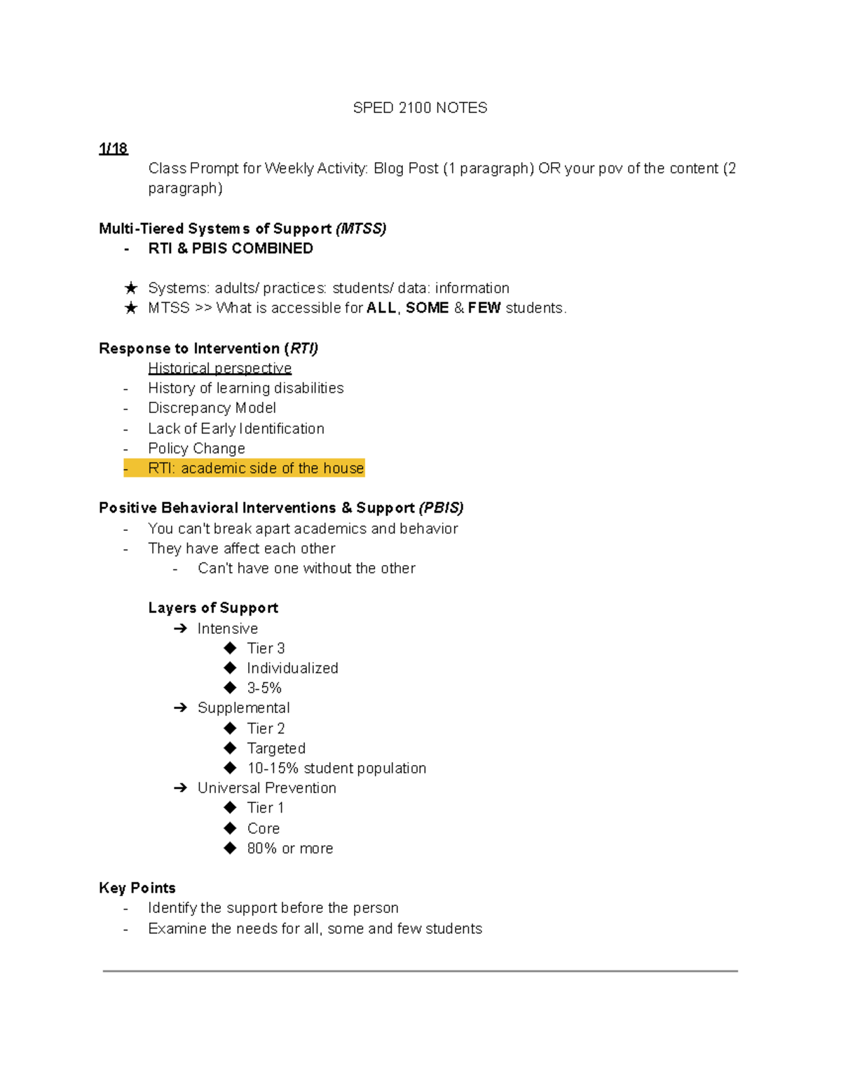 SPED 2100 Notes - Multi Tiered systems, response to intervention ...