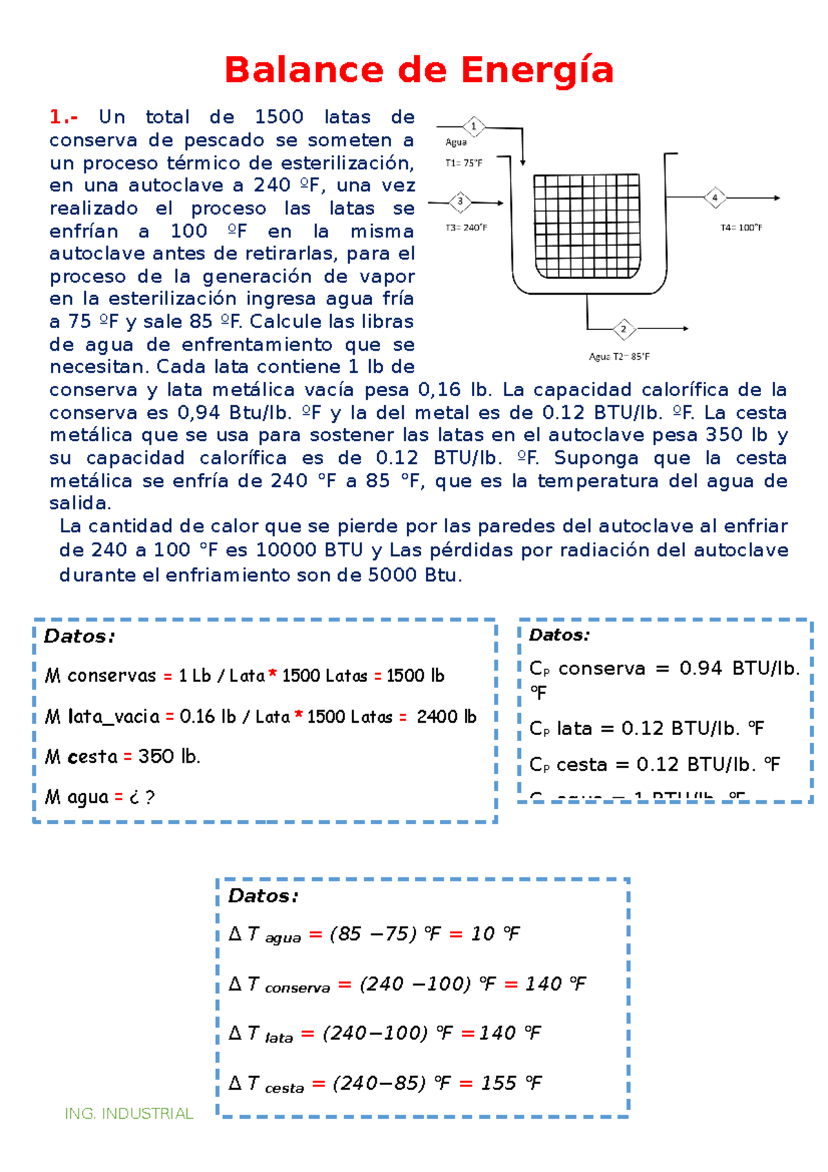 Resueltos PARA LA Clase - Balance de Energía 1.- Un total de 1500 latas ...