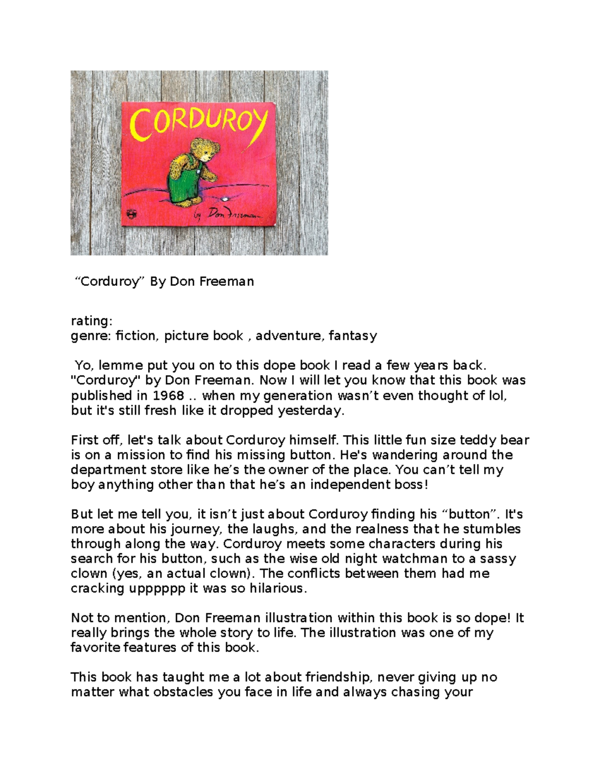 Book Review 2 - 7769loiuy - “Corduroy” By Don Freeman rating: ⭐️⭐️⭐️⭐️⭐ ...