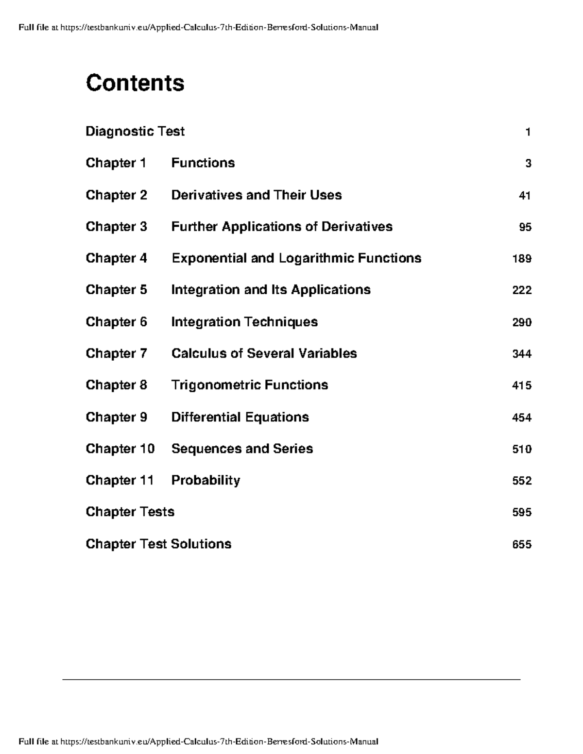 Applied Calculus 7th Edition Berresford - Contents Diagnostic Test ...