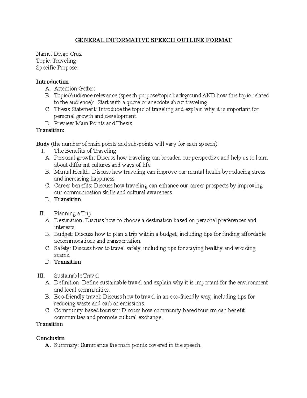 General Speech Outline Format - GENERAL INFORMATIVE SPEECH OUTLINE ...