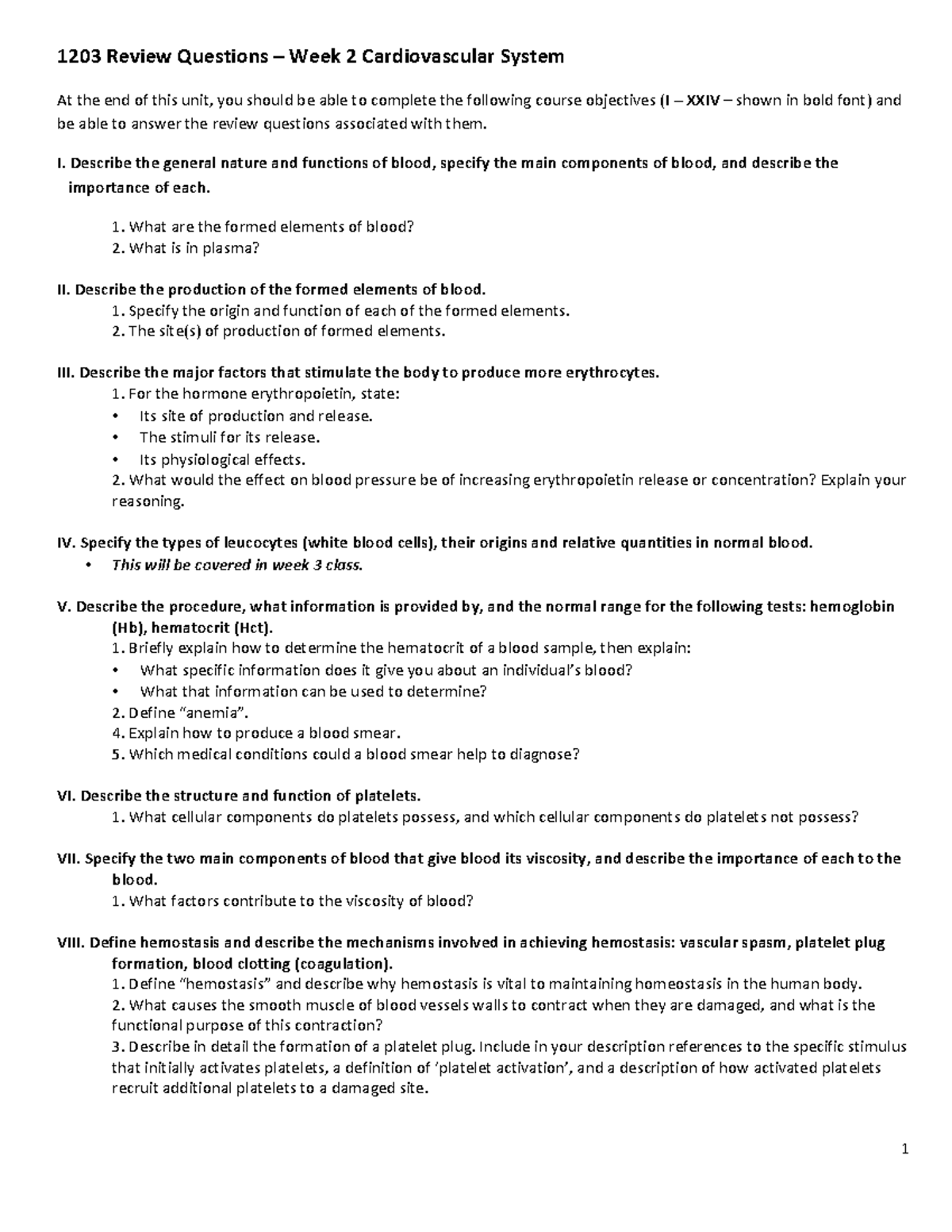 Cardiovascular system review - 1203 Review Questions – Week 2 ...