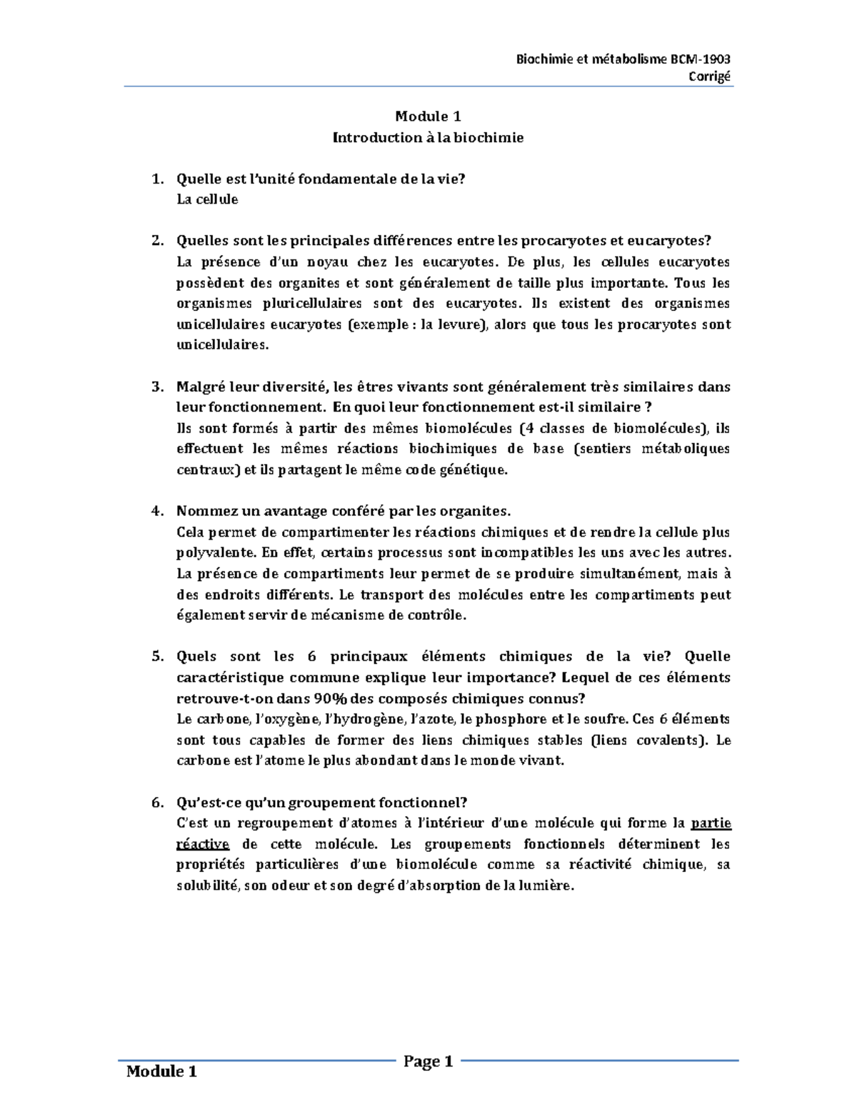 BCM1903 Corrigé Module 1 2020 - Corrigé Module 1 Introduction à la biochimie Quelle est l’unité ...
